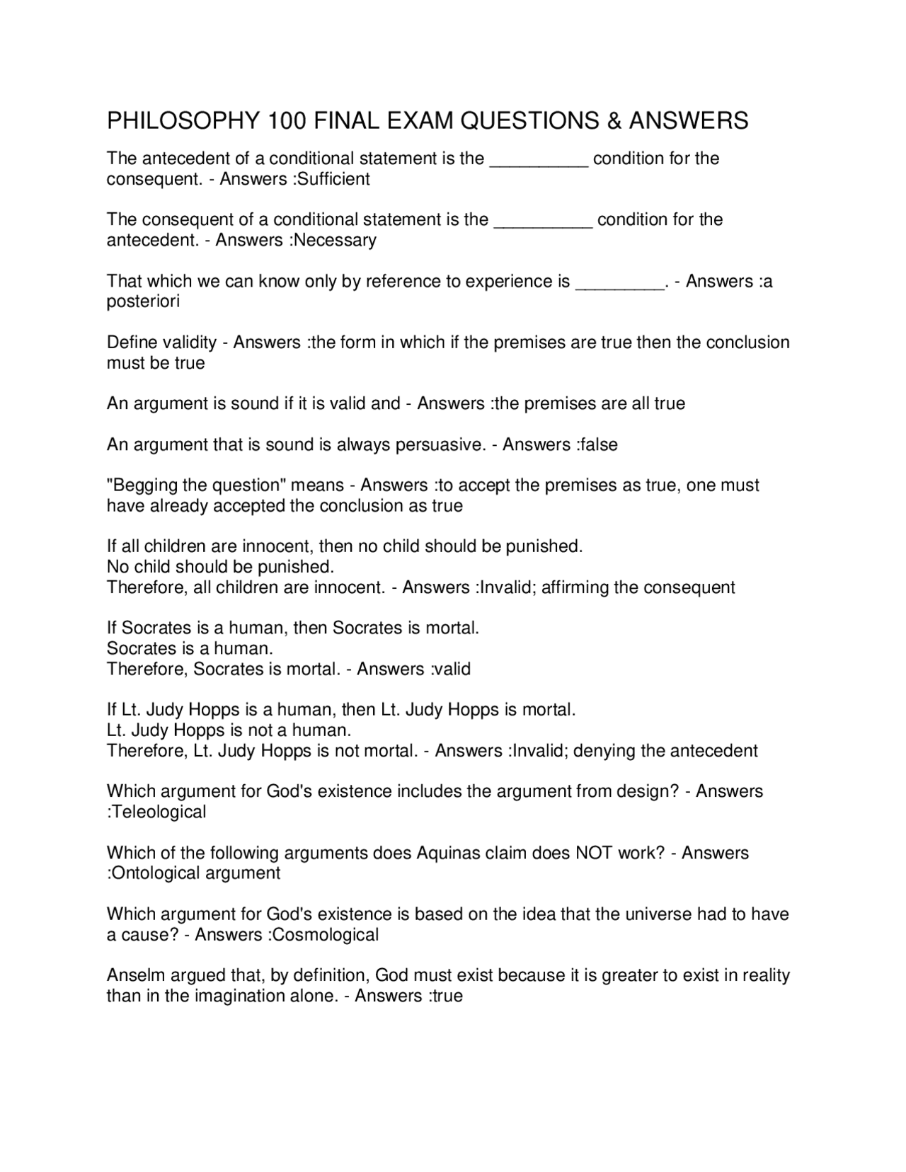 PHILOSOPHY 100 FINAL EXAM QUESTIONS & ANSWERS | Exams Social Sciences ...