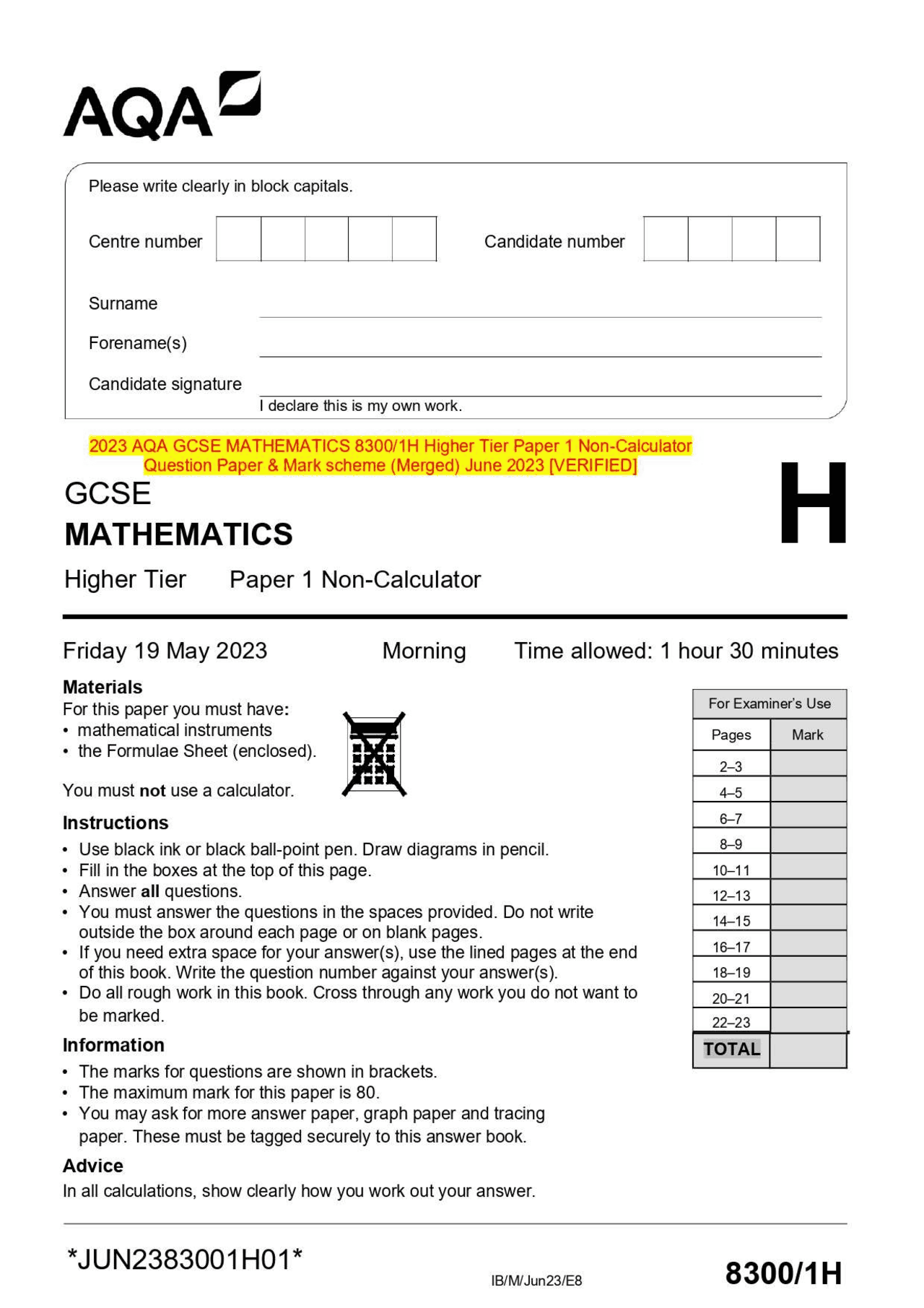 2023 AQA GCSE MATHEMATICS 8300/1H Higher Tier Paper 1 Non-Calculator ...