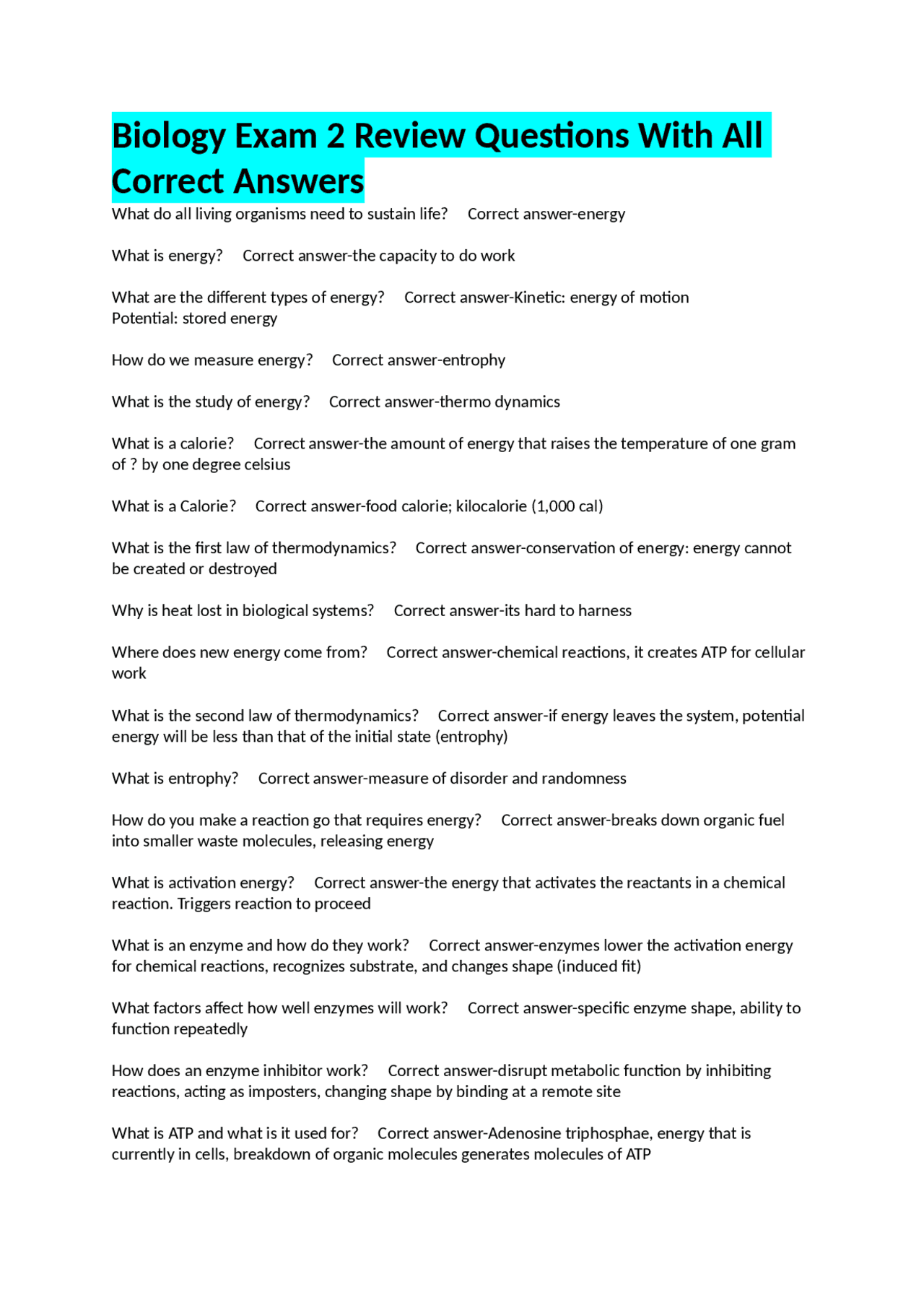 Biology Exam 2 Review: Questions and Answers on Energy, Cellular ...