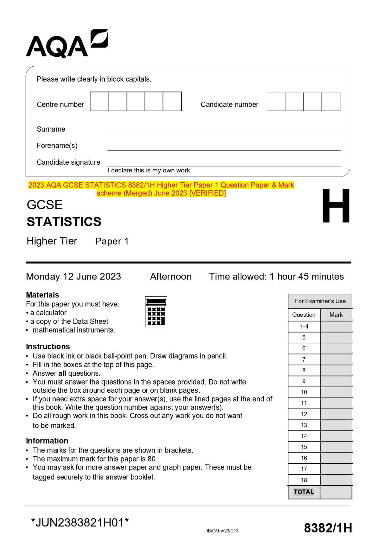 2023 AQA GCSE STATISTICS 8382/1H Higher Tier Paper 1 Question Paper ...