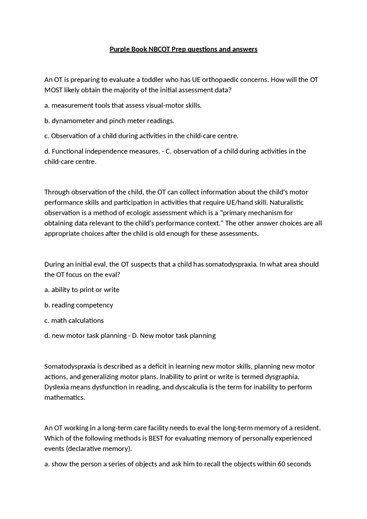 Purple Book NBCOT Prep questions and answers | Exams Advanced Education ...