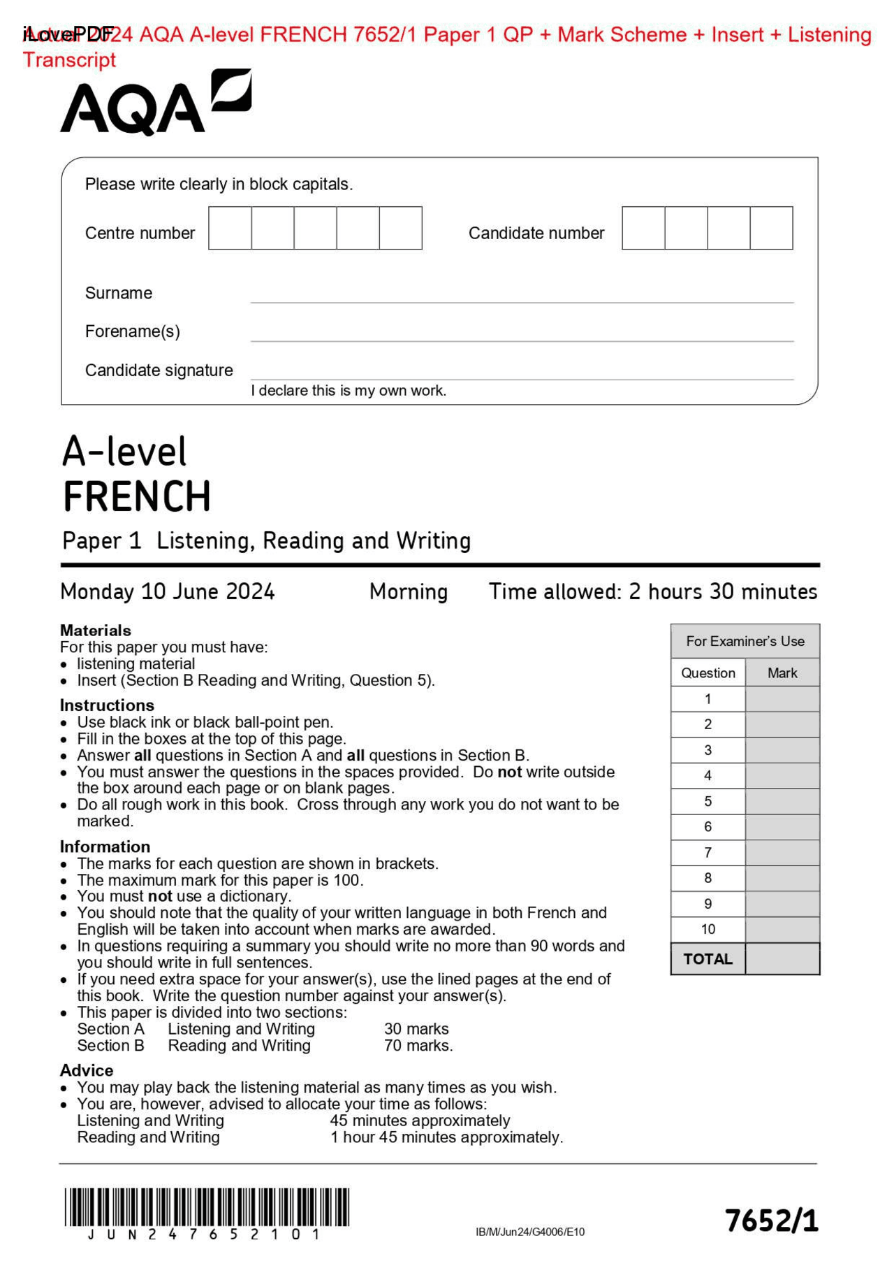 . Actual 2024 AQA A-level FRENCH 7652/1 Paper 1 QP + Mark Scheme ...