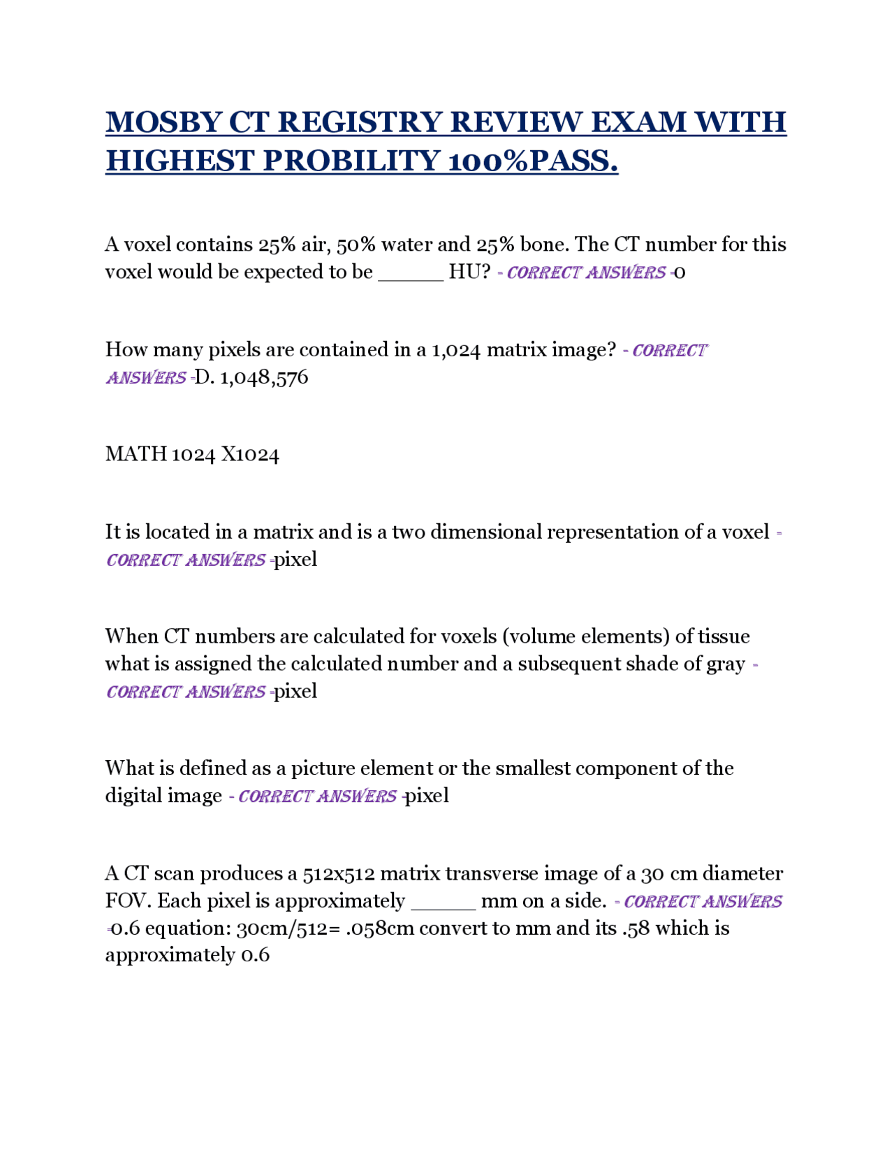 MOSBY CT REGISTRY REVIEW EXAM WITH HIGHEST PROBILITY 100%PASS. | Exams ...