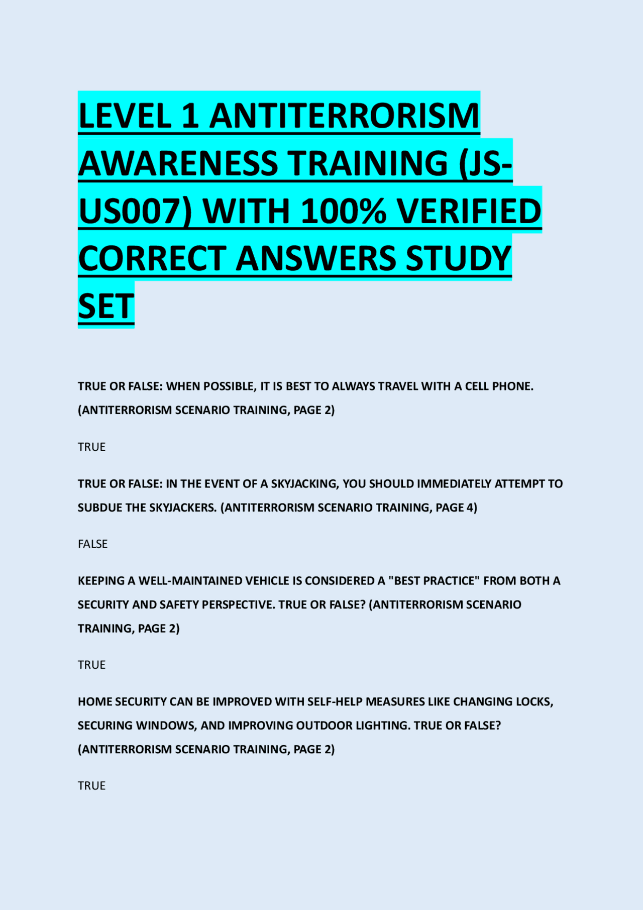 LEVEL 1 ANTITERRORISM AWARENESS TRAINING (JS US007) WITH 100% VERIFIED ...