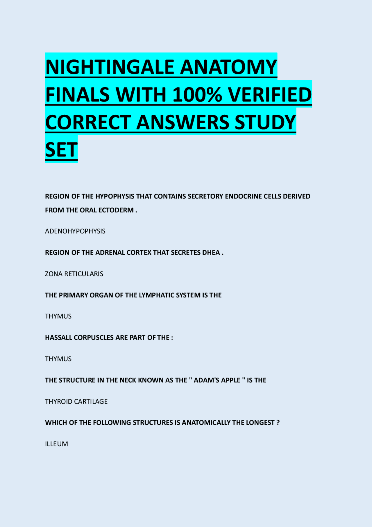 NIGHTINGALE ANATOMY FINALS WITH 100% VERIFIED CORRECT ANSWERS STUDY SET ...