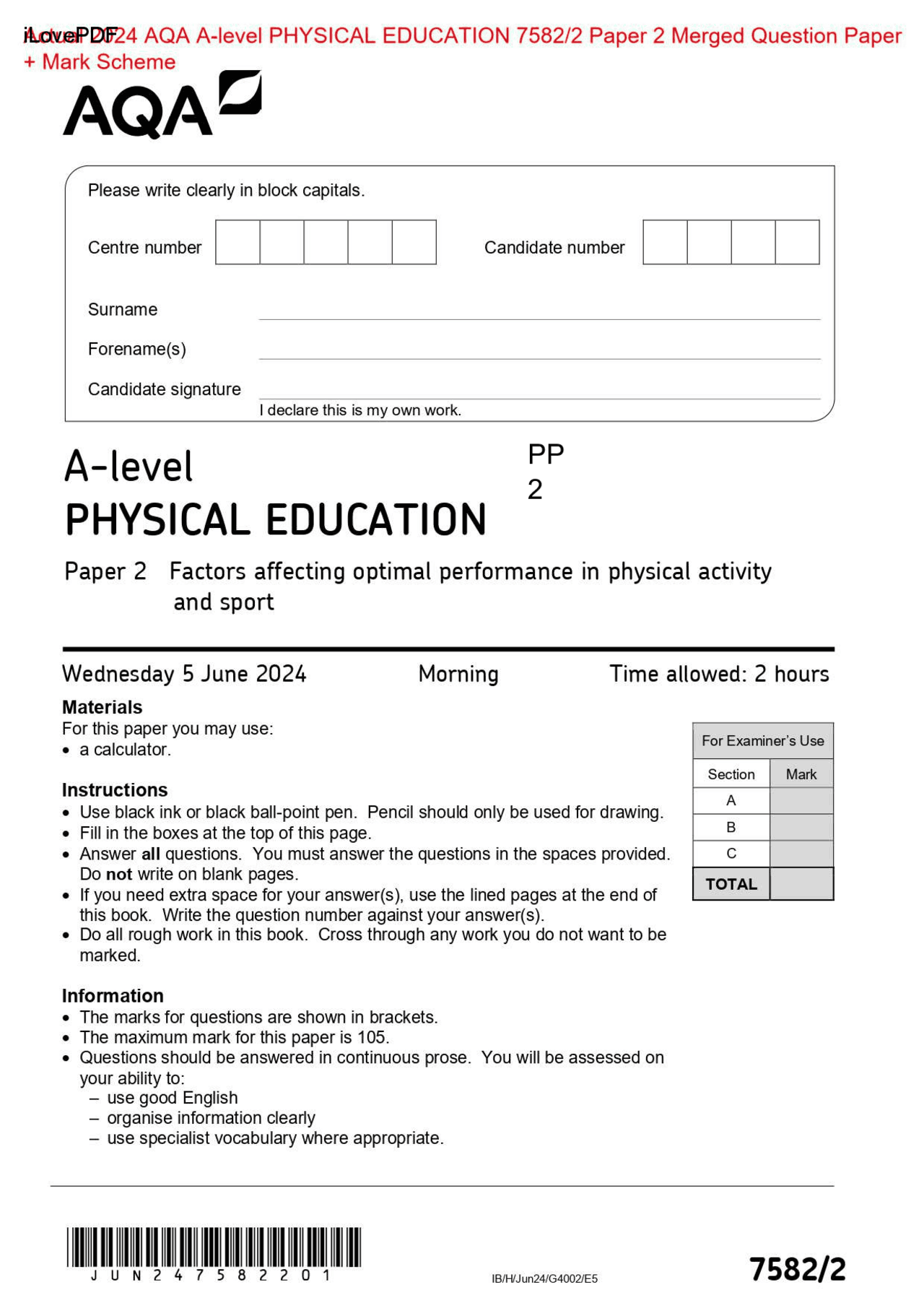 Actual 2024 AQA A-level PHYSICAL EDUCATION 7582/2 Paper 2 Merged ...