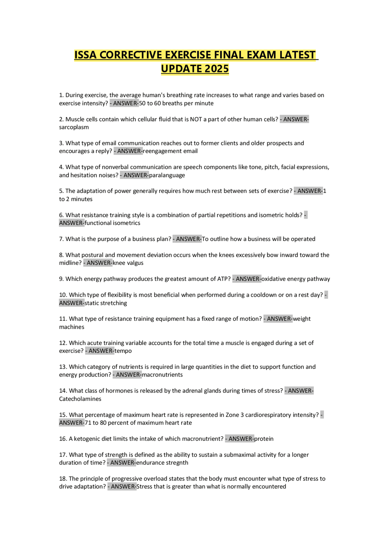 ISSA Corrective Exercise Final Exam Questions and Answers 2025 | Exams ...