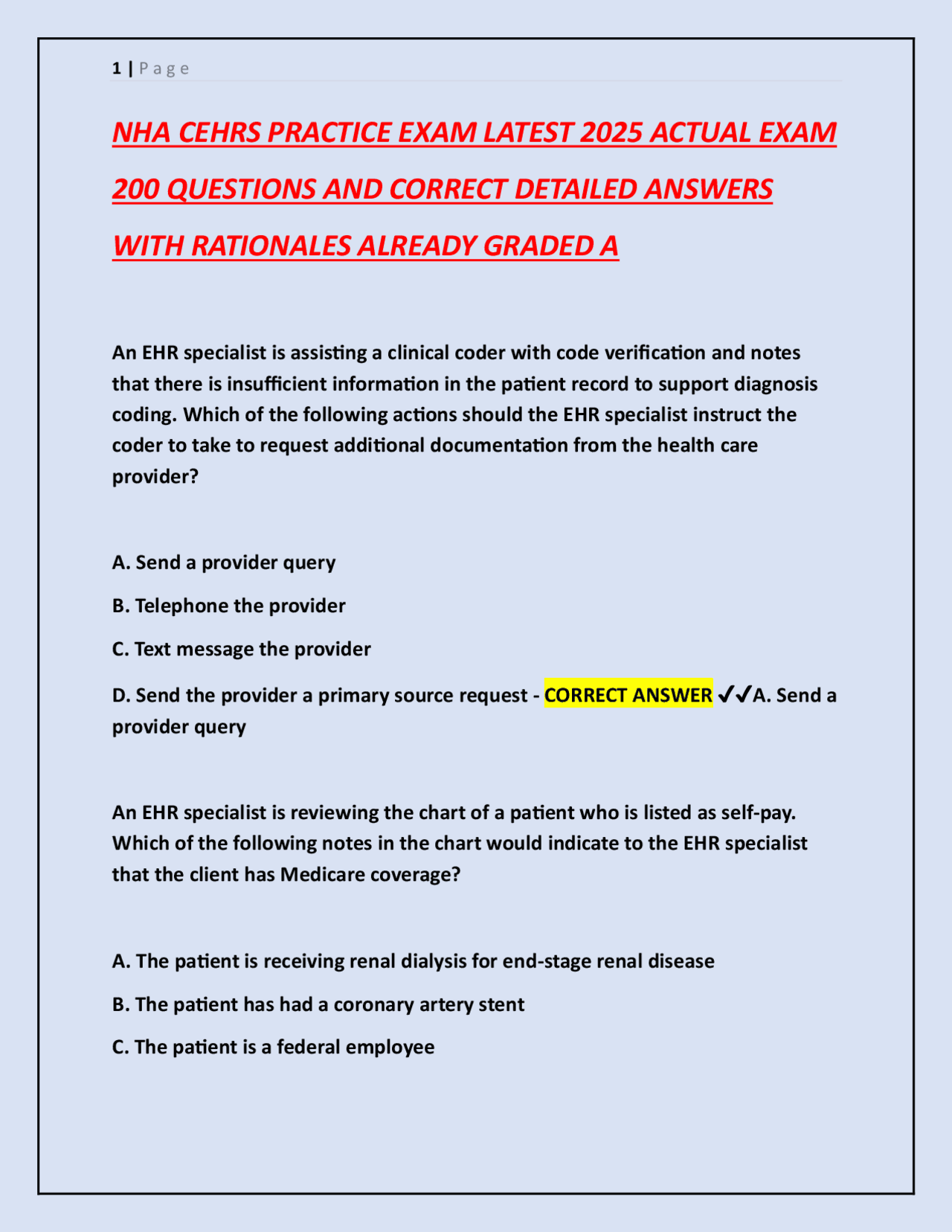 NHA CEHRS PRACTICE EXAM LATEST 2025 ACTUAL EXAM 200 QUESTIONS AND ...