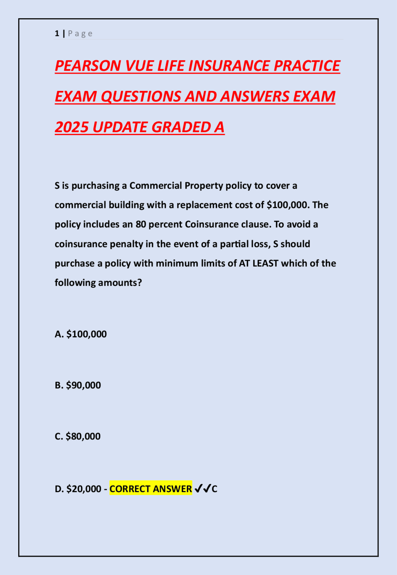 PEARSON VUE LIFE INSURANCE PRACTICE EXAM QUESTIONS AND ANSWERS EXAM ...