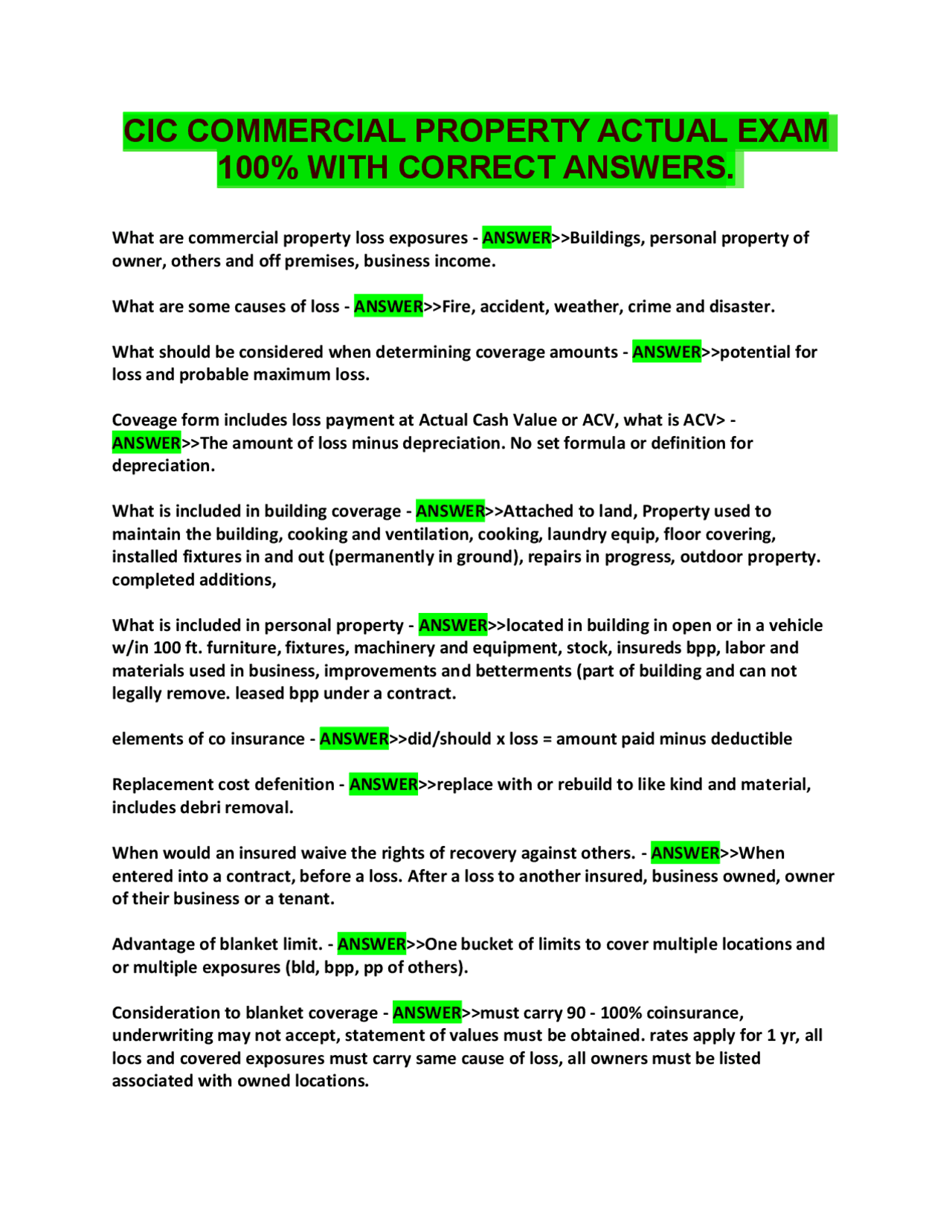 CIC COMMERCIAL PROPERTY ACTUAL EXAM QUESTIONS AND CORRECT ANSWERS ...