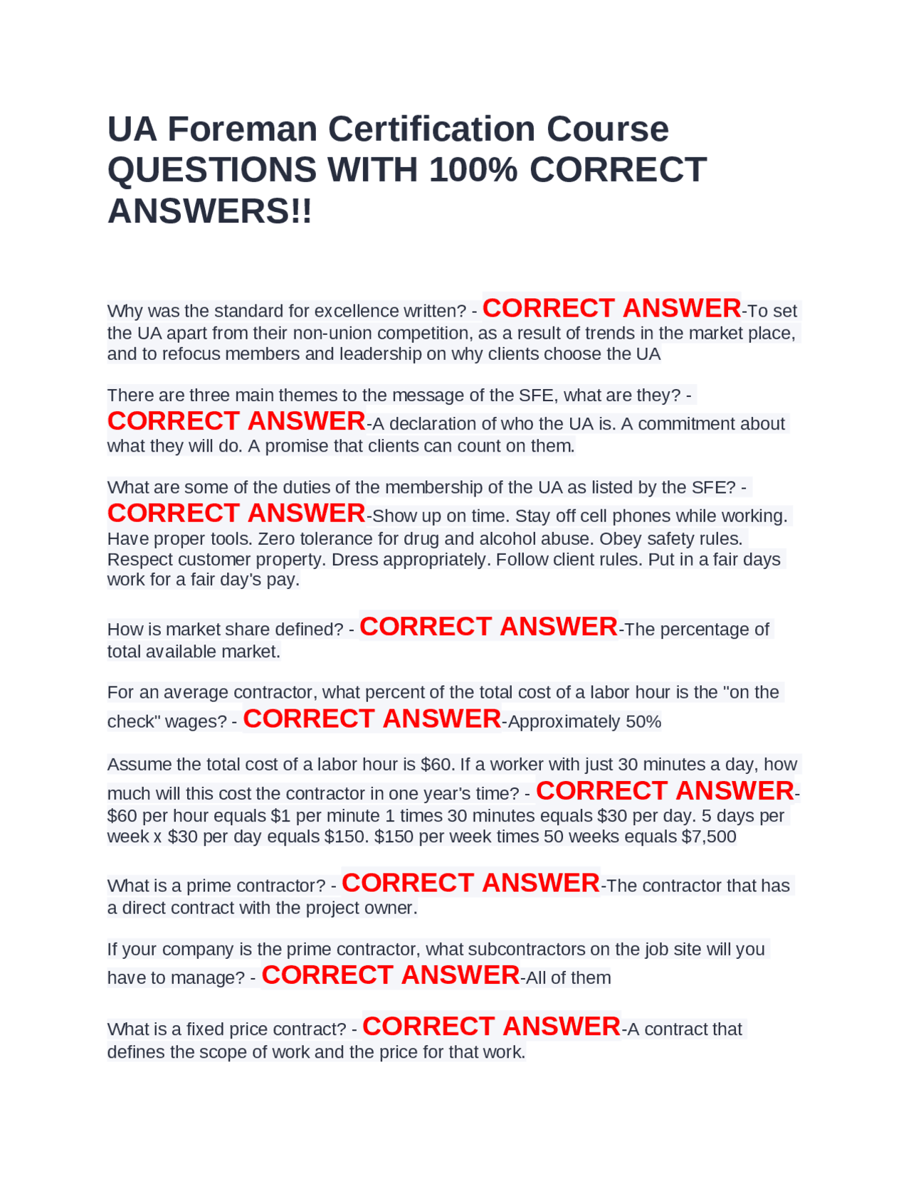 UA Foreman Certification Course QUESTIONS WITH 100% CORRECT ANSWERS ...
