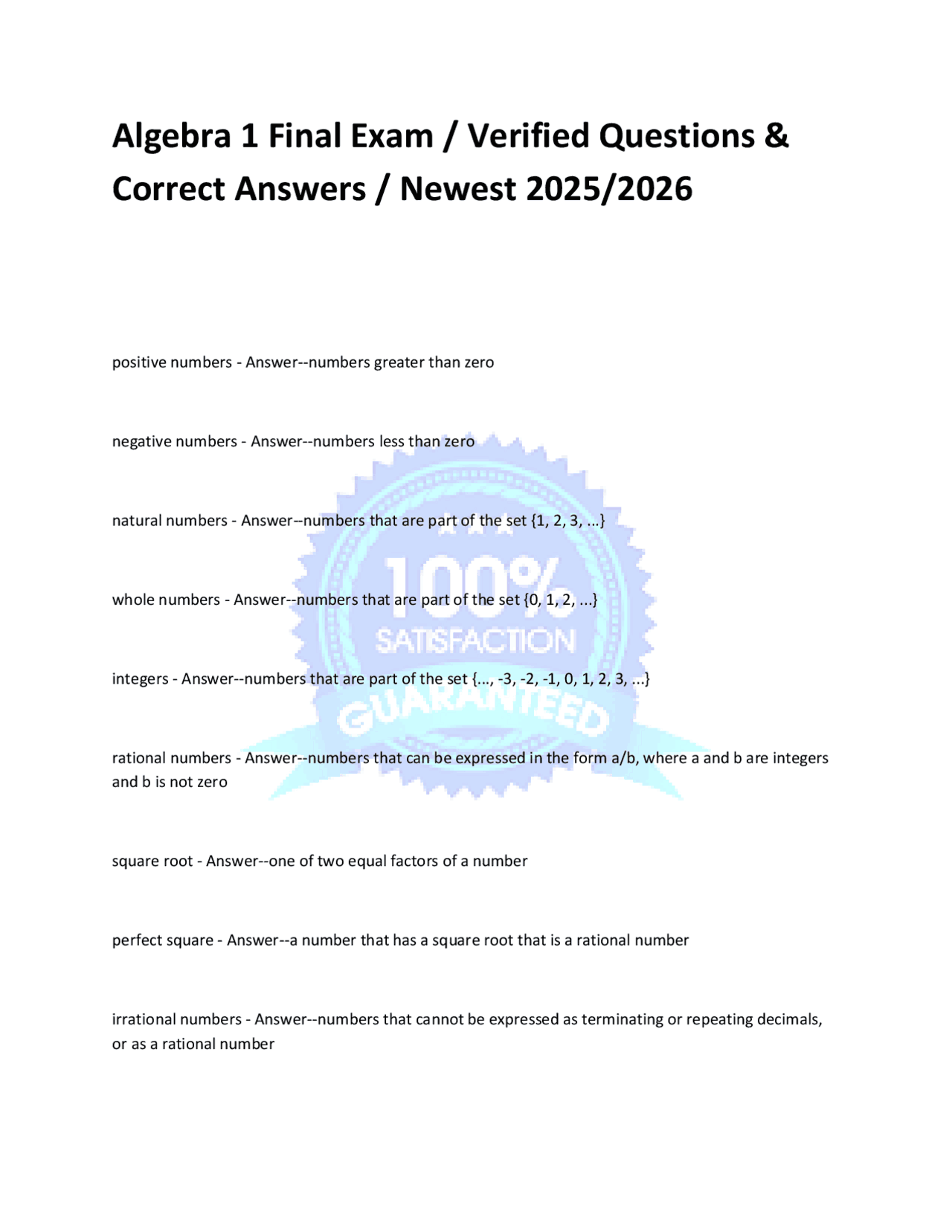 Algebra 1 Final Exam / Verified Questions & Correct Answers / Newest ...