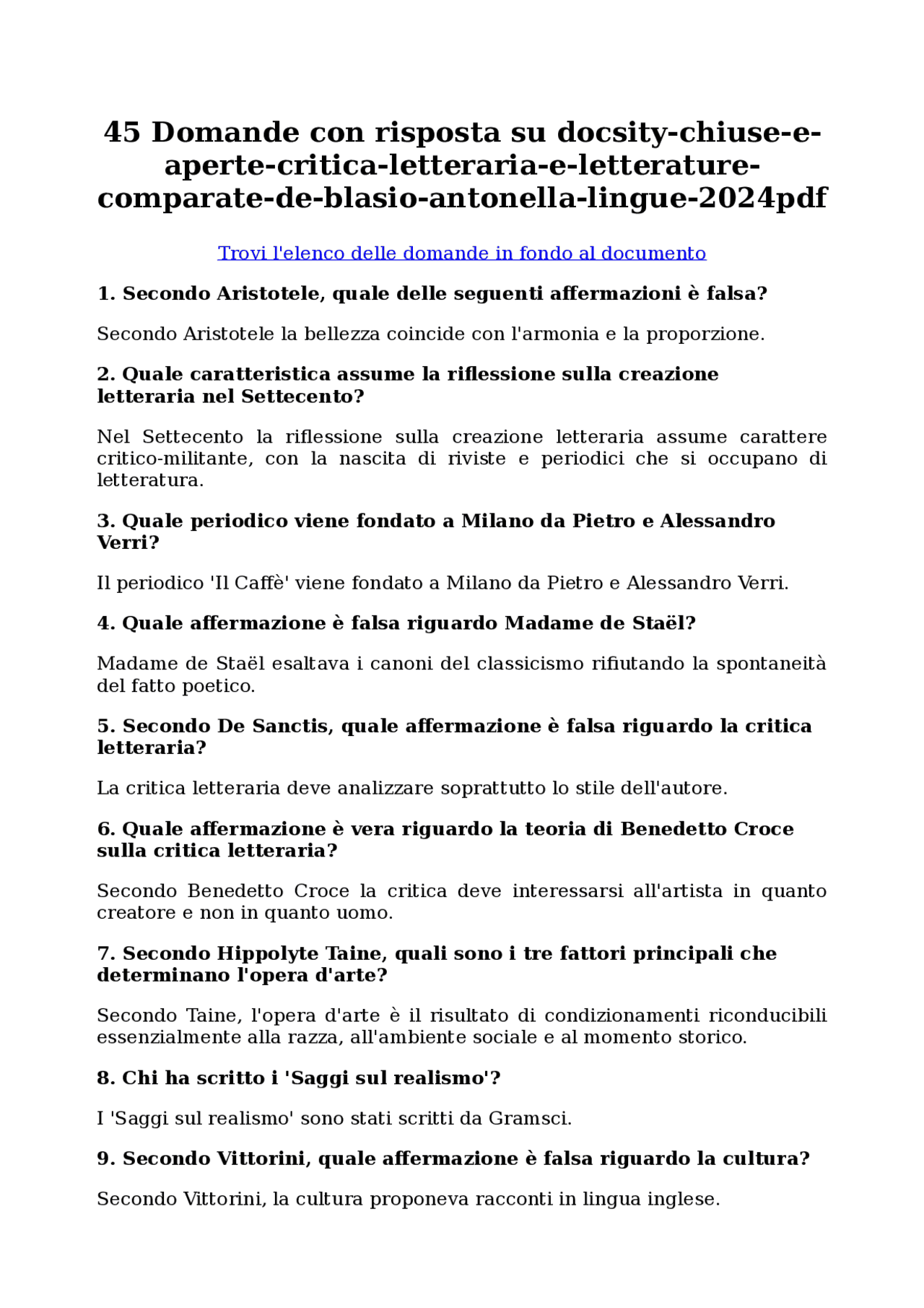 Domande e risposte, Critica Letteraria e Letterature Comparate: Domande e Risposte | Esercizi di ...