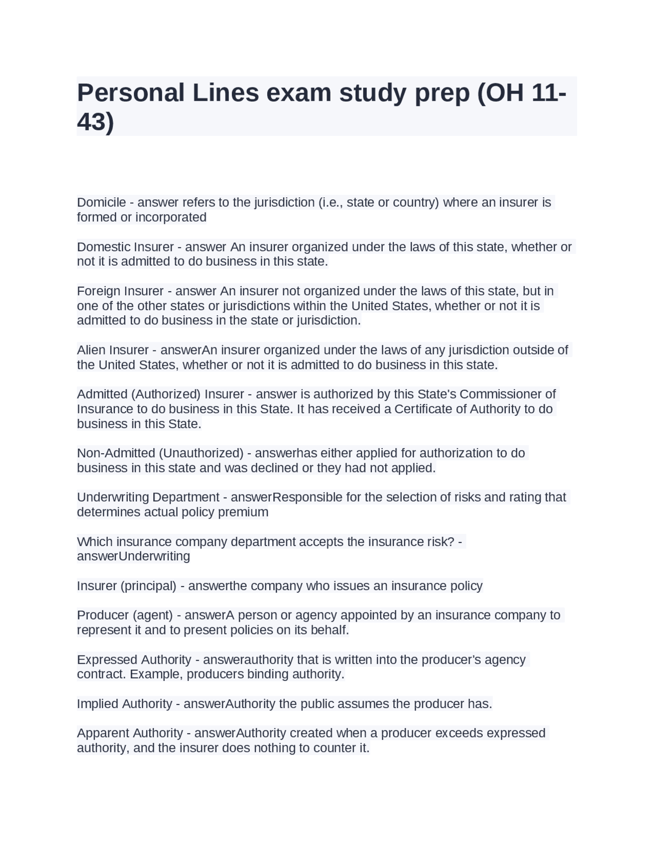 Personal Lines exam study prep (OH 11-43) Questions and Answers 100% ...