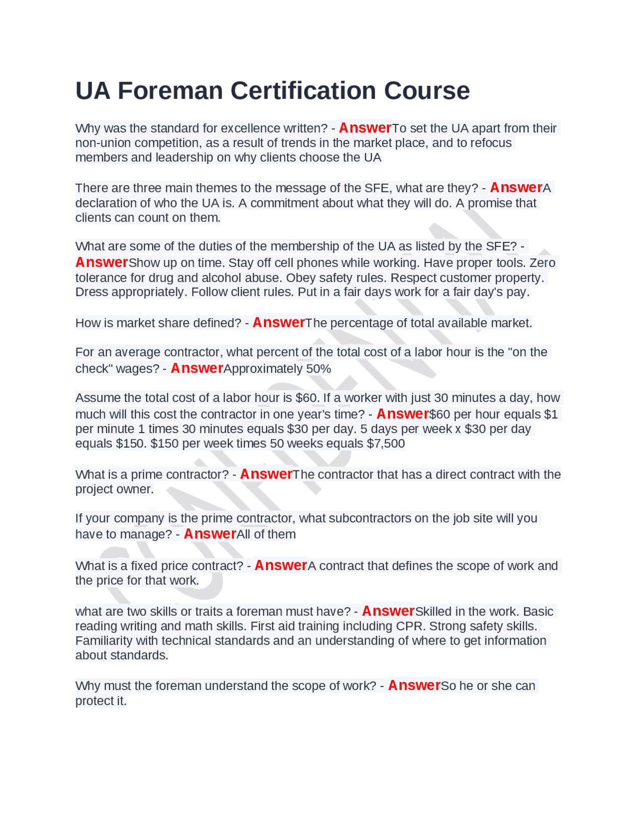 UA Foreman Certification Course | Exams Nursing | Docsity