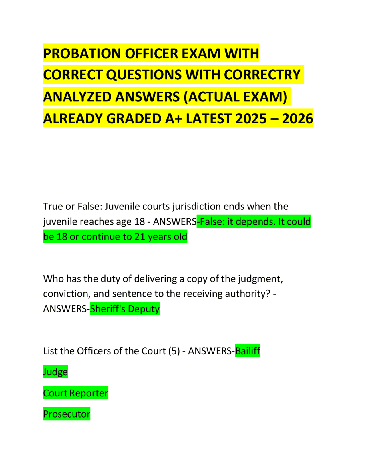 PROBATION OFFICER EXAM WITH CORRECT QUESTIONS WITH CORRECTRY ANALYZED ...