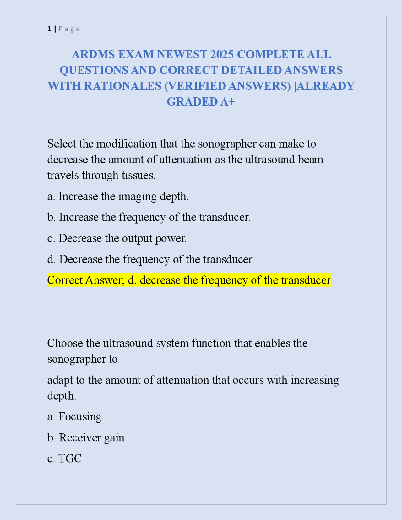 ARDMS EXAM NEWEST 2025 COMPLETE ALL QUESTIONS AND CORRECT DETAILED ...