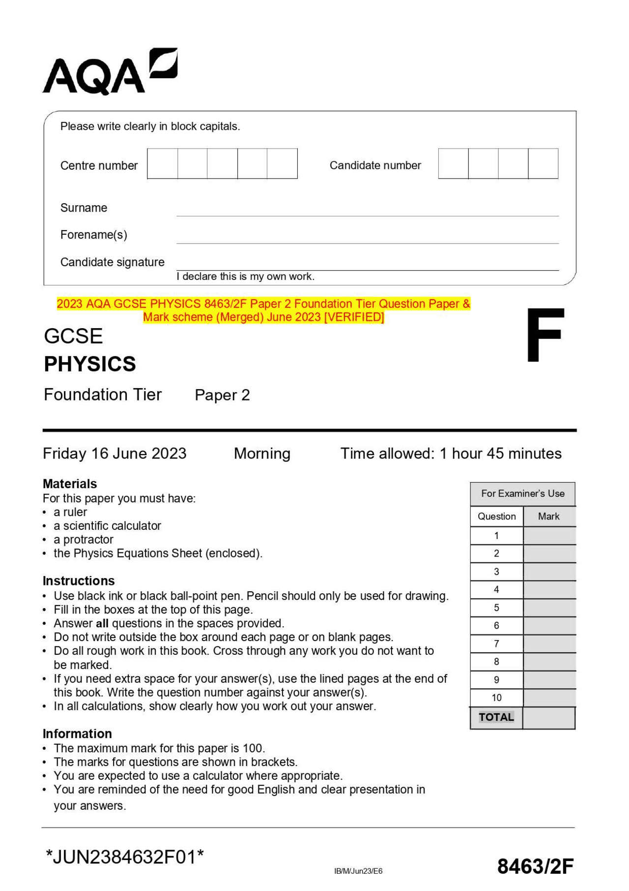 2023 AQA GCSE PHYSICS 8463/2F Paper 2 Foundation Tier Question Paper & Mark scheme (Merge ...