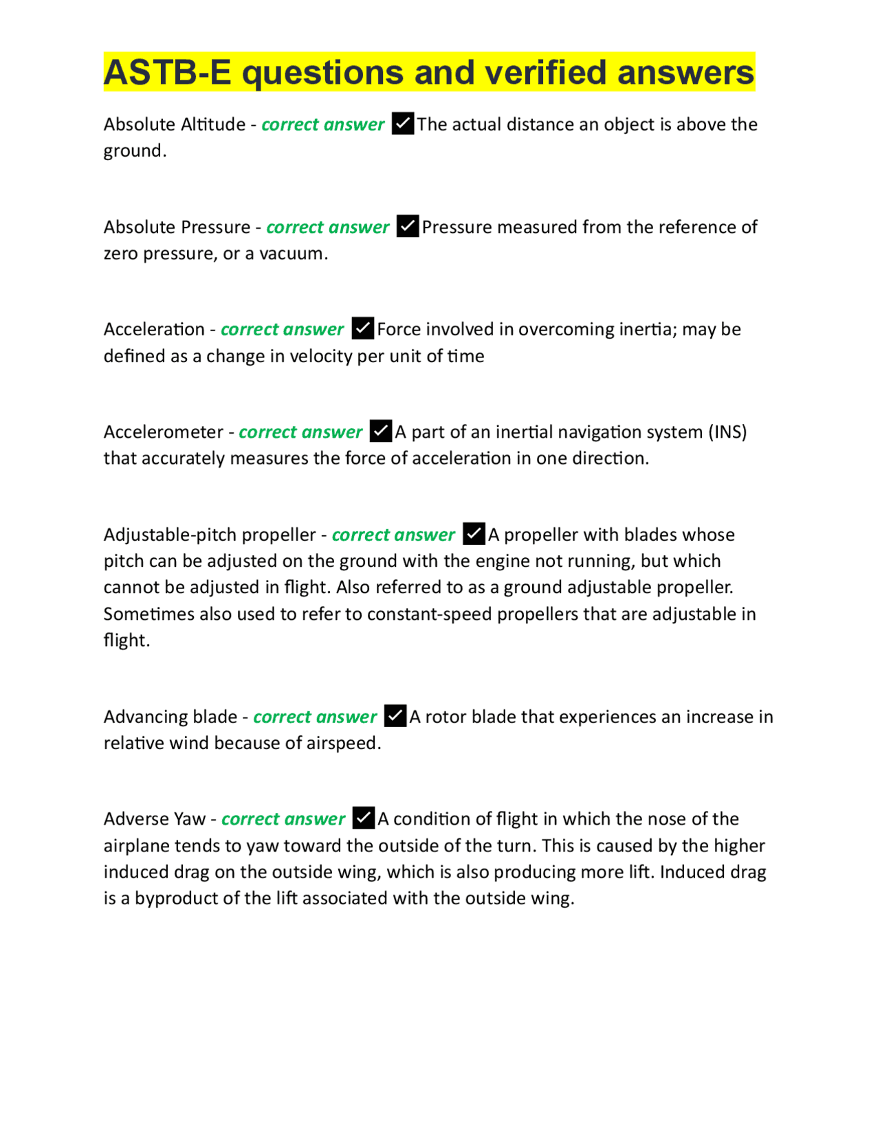 ASTB-E questions and verified answers | Exams Nursing | Docsity