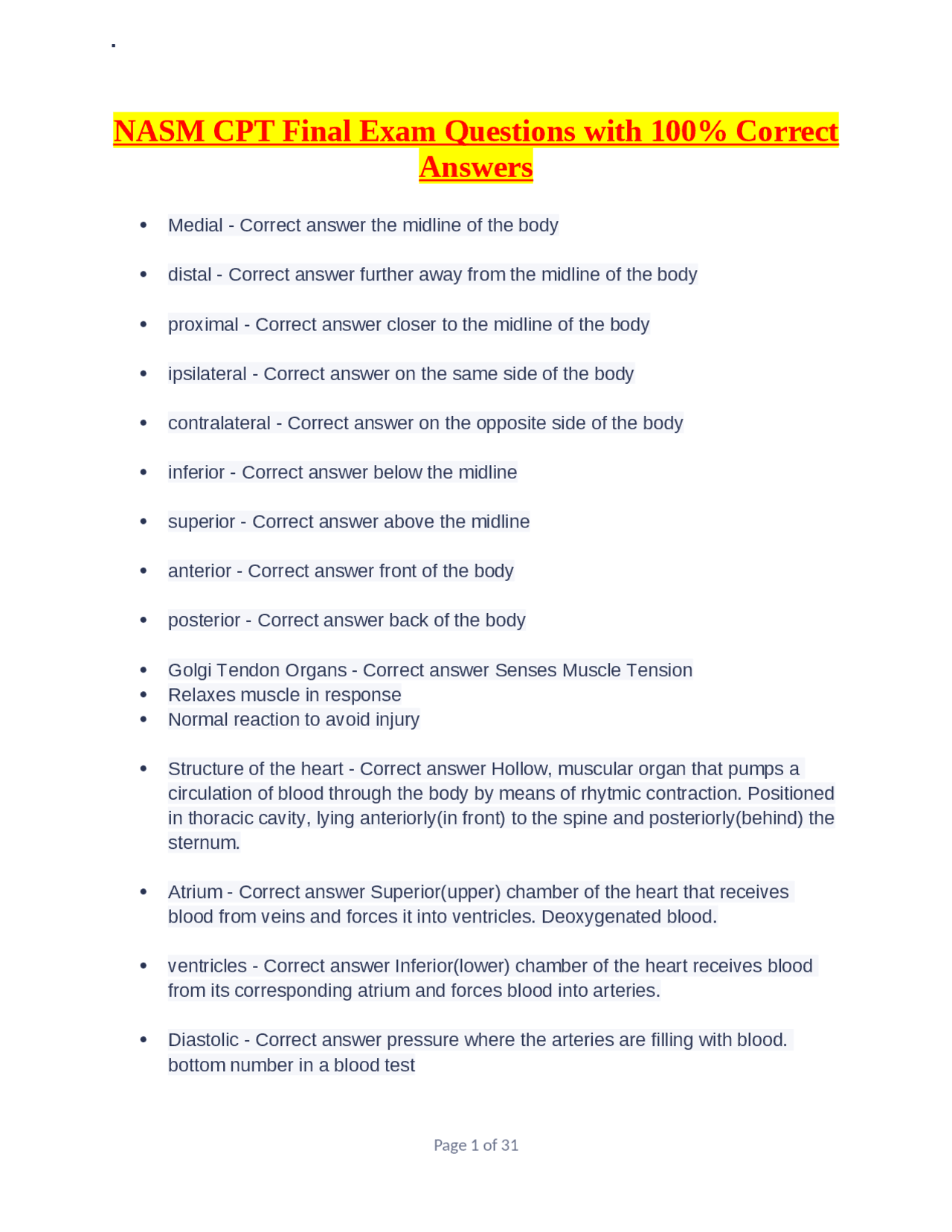 NASM CPT Final Exam Questions with 100% Correct Answers | Exams Nursing ...
