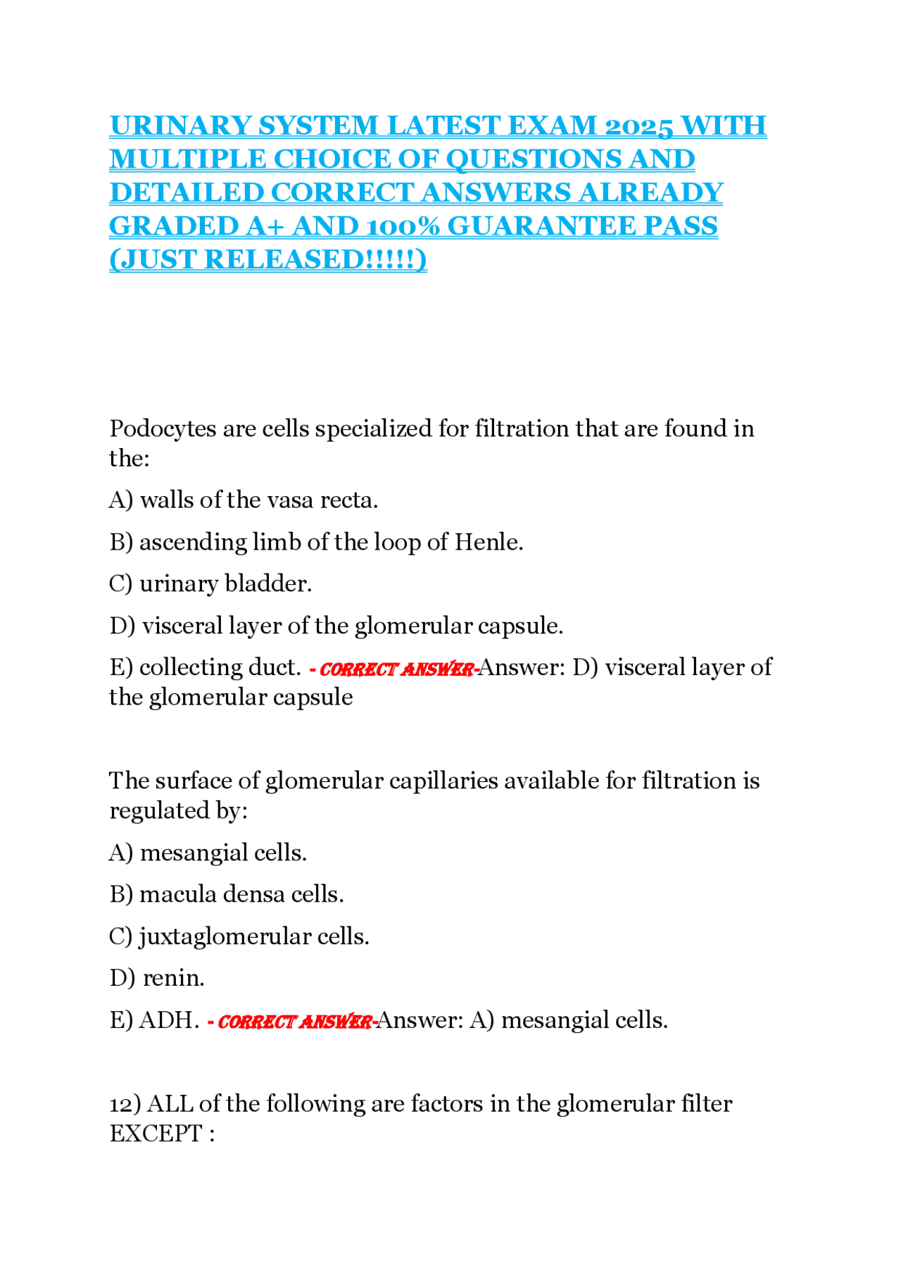 URINARY SYSTEM LATEST EXAM 2025 WITH MULTIPLE CHOICE OF QUESTIONS AND ...