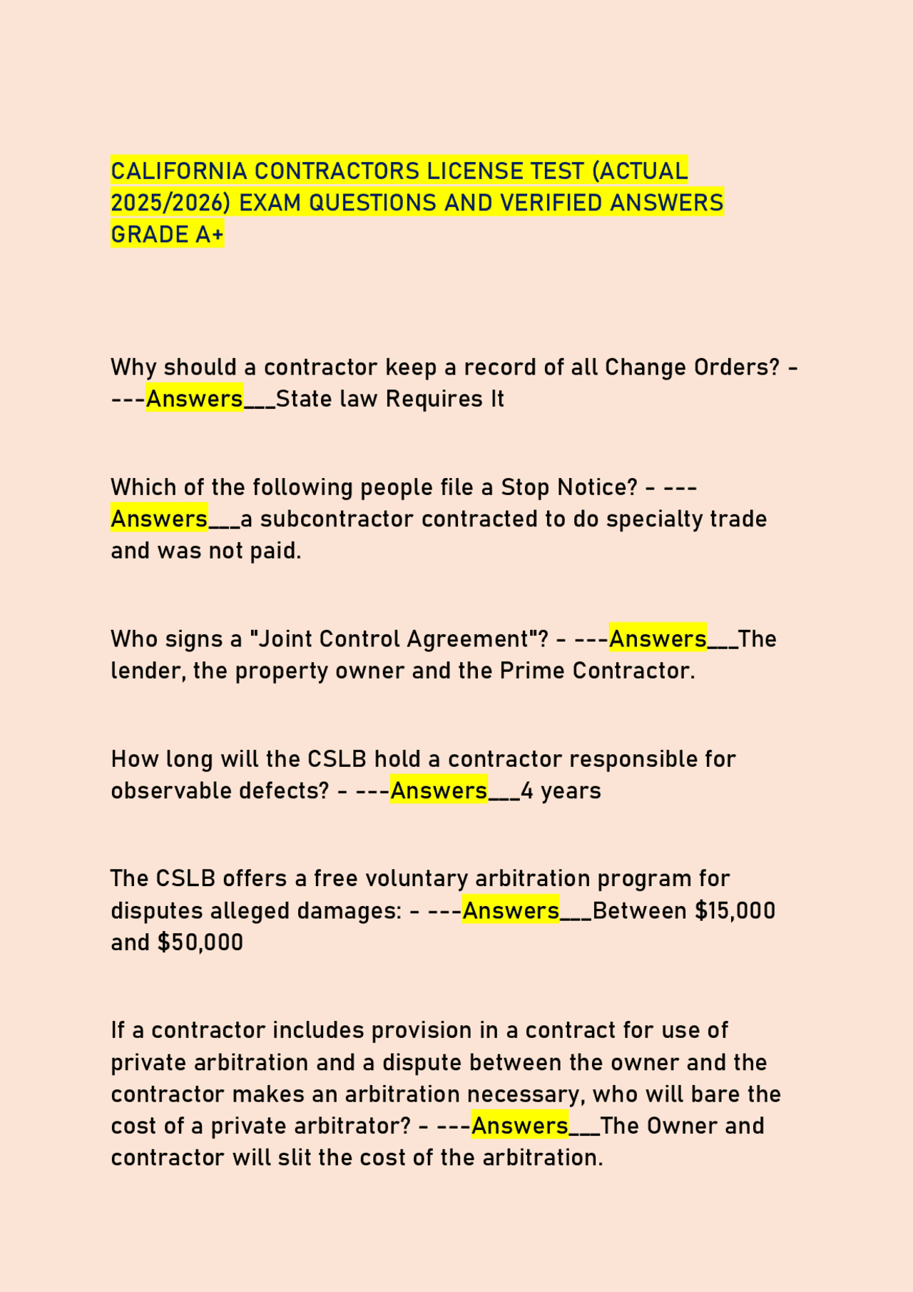 CALIFORNIA CONTRACTORS LICENSE TEST (ACTUAL 2025/2026) EXAM QUESTIONS ...