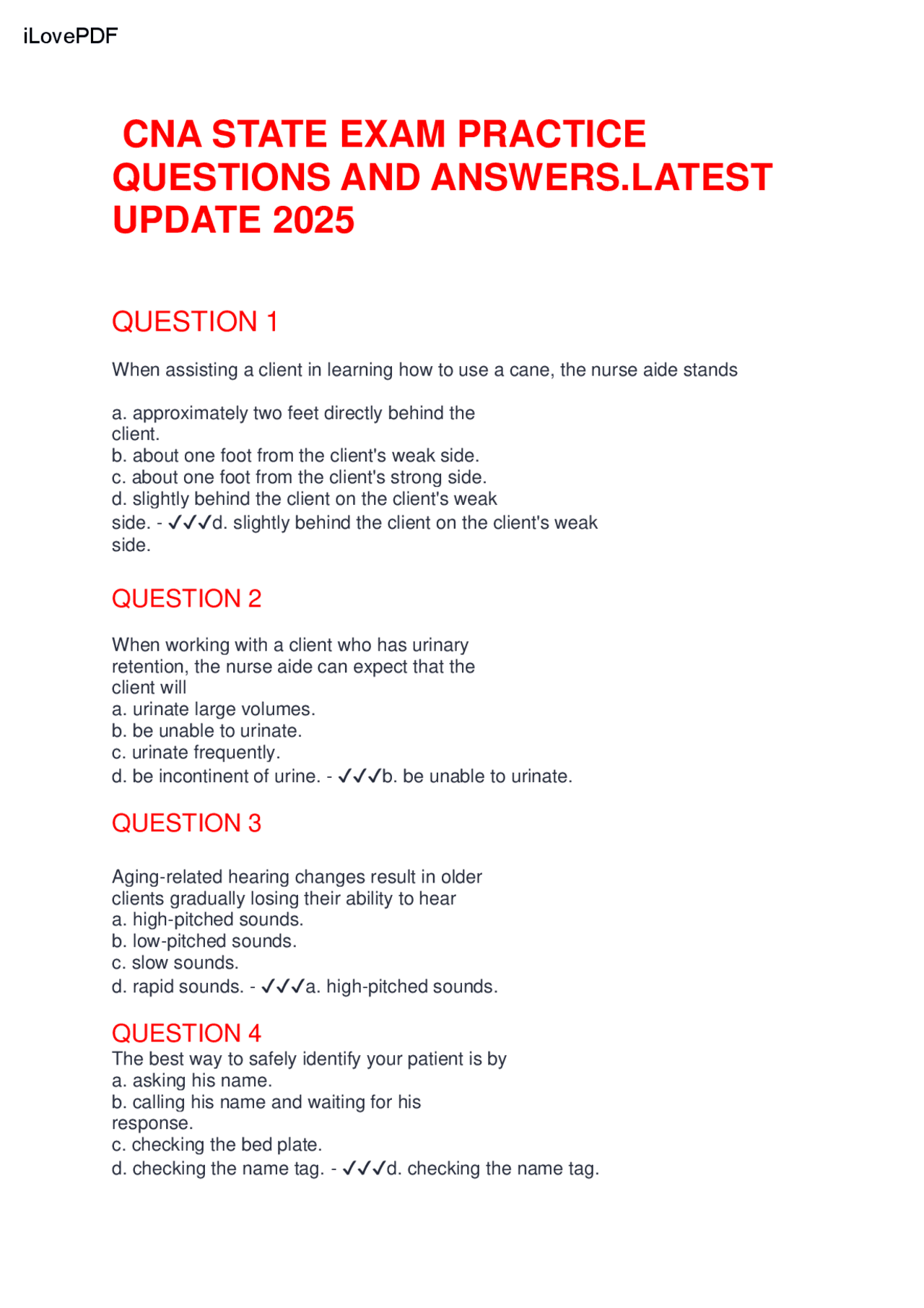 CNA STATE EXAM PRACTICE QUESTIONS AND ANSWERS.LATEST UPDATE 2025 ...