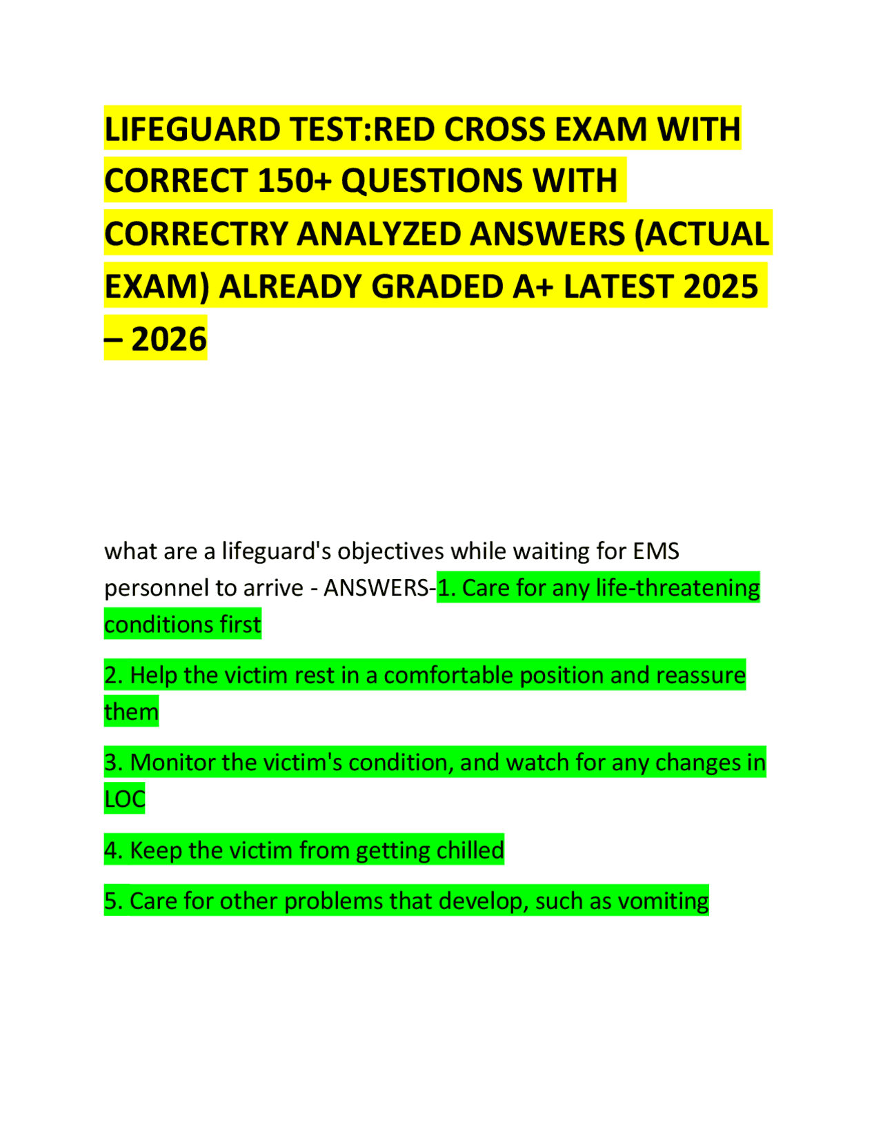 LIFEGUARD TEST:RED CROSS EXAM WITH CORRECT 150+ QUESTIONS WITH ...