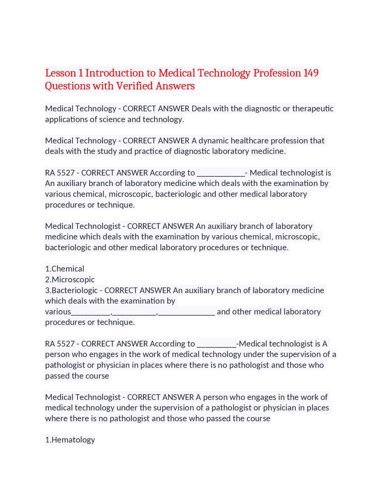Lesson 1 Introduction to Medical Technology Profession 149 Questions ...
