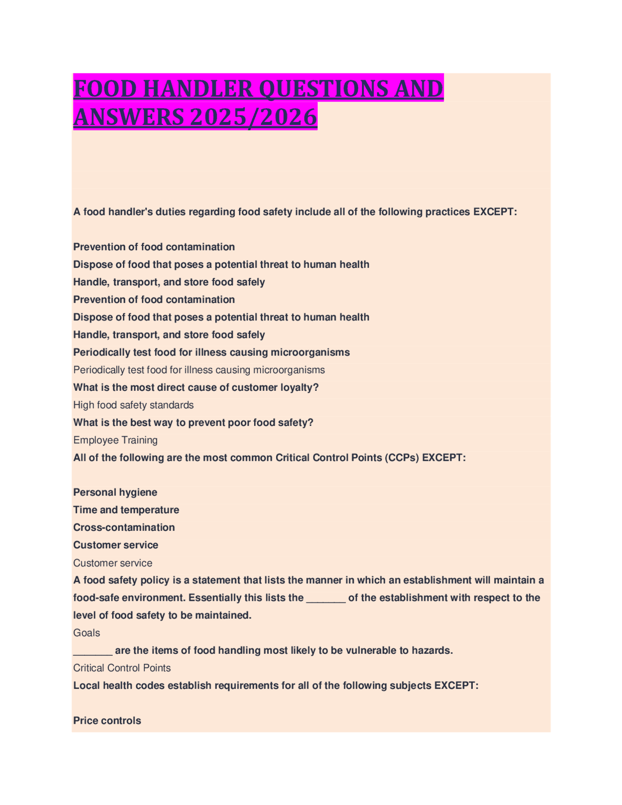 FOOD HANDLER QUESTIONS AND ANSWERS 2025/2026 | Exams Food Science and ...