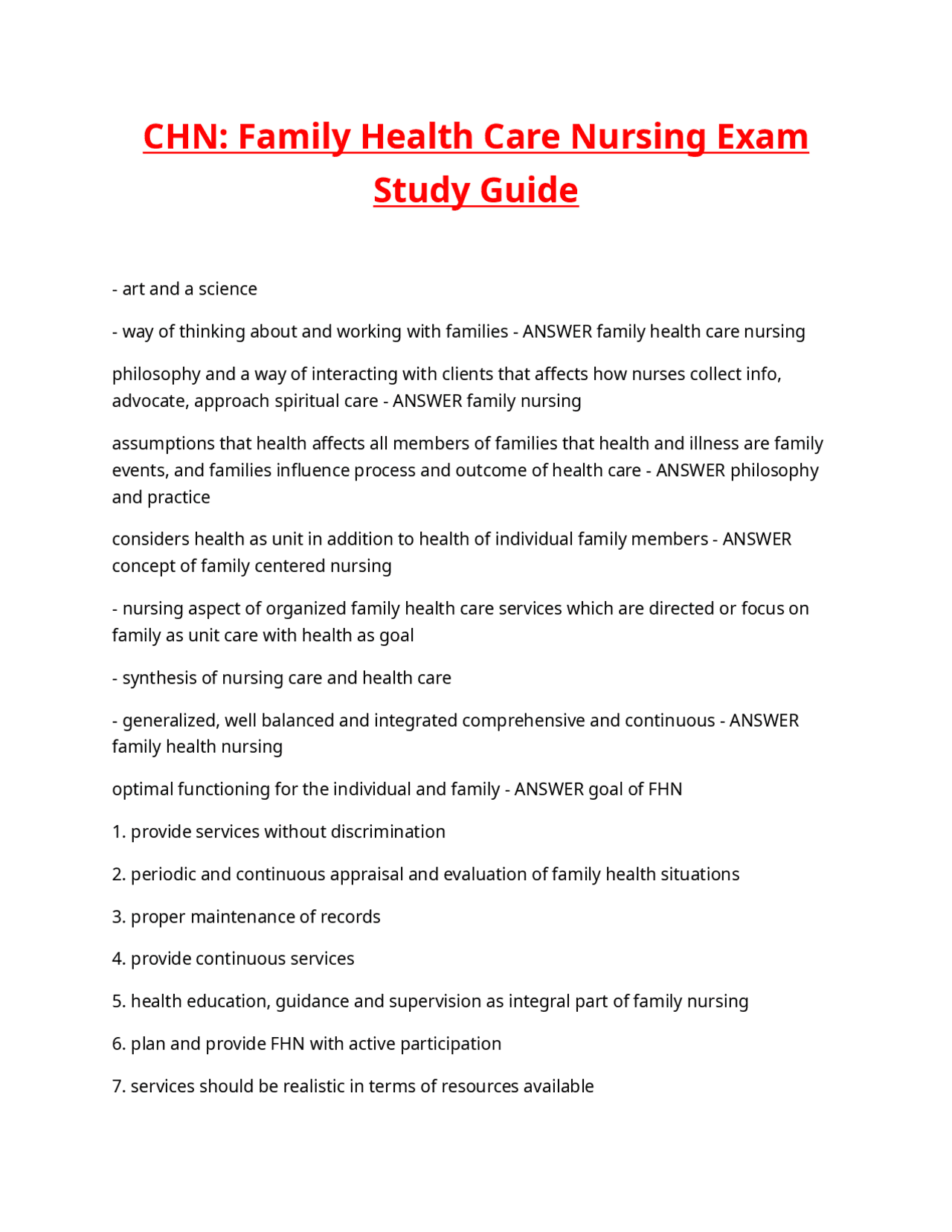 CHN- Family Health Care Nursing Exam Study Guide. | Exams Nursing | Docsity