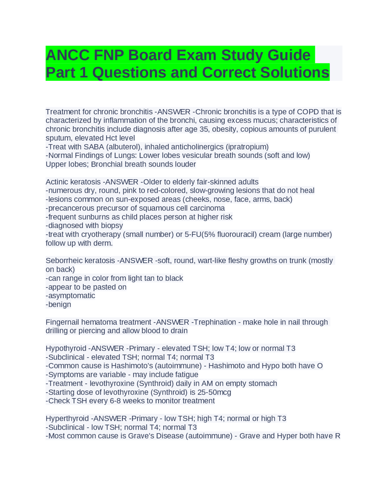 ANCC FNP Board Exam Study Guide Part 1 Questions and Correct Solutions ...