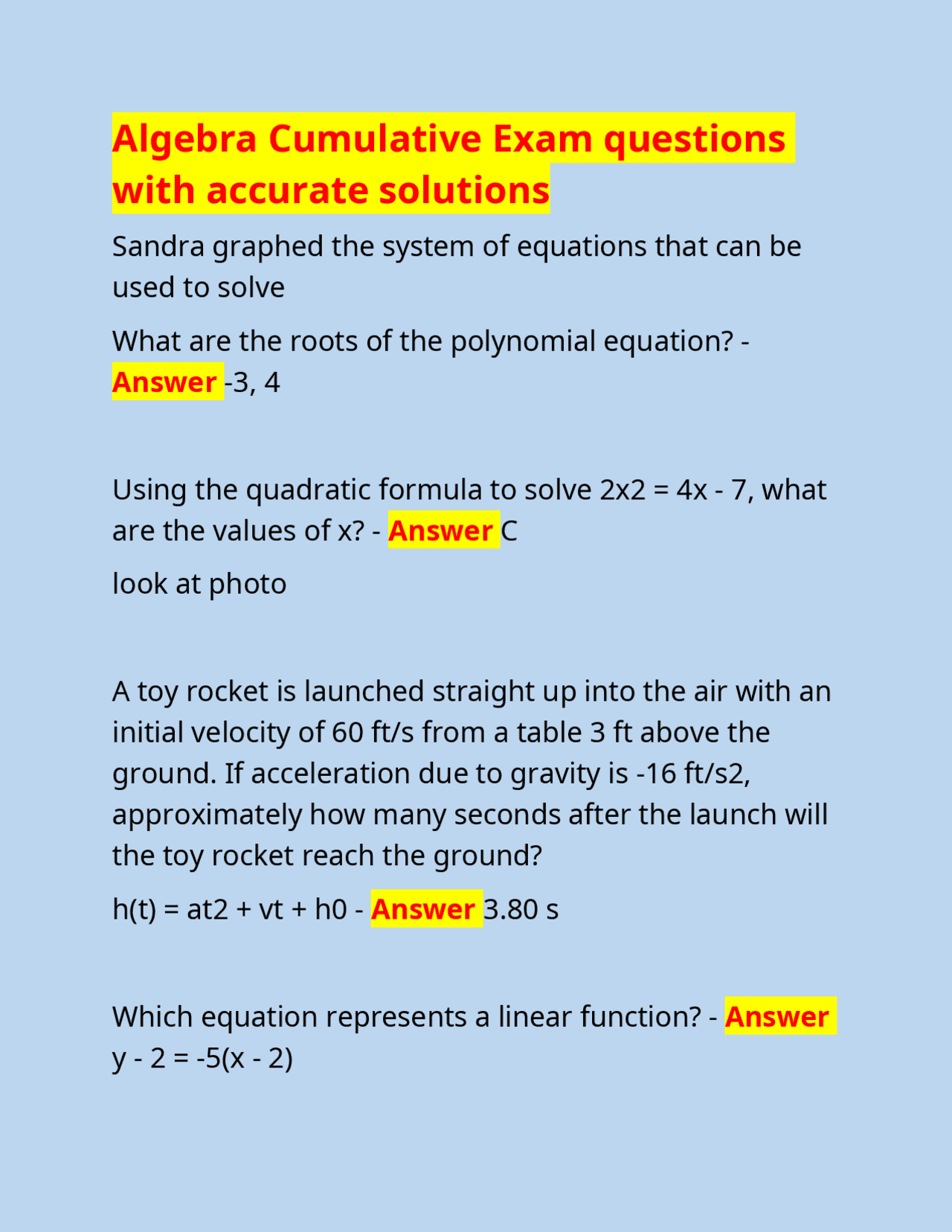 Algebra Cumulative Exam Questions and Solutions: A Comprehensive Review ...
