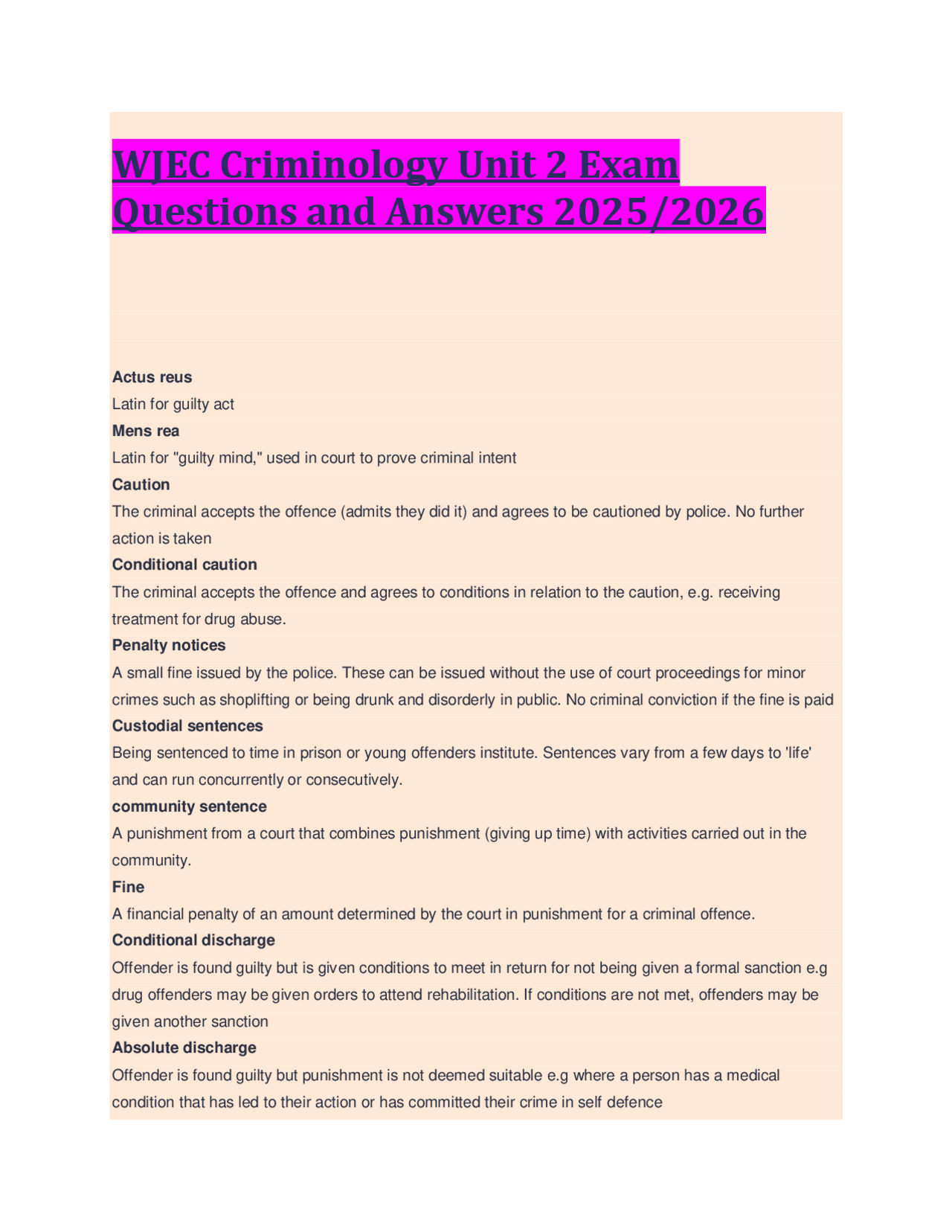 WJEC Criminology Unit 2 Exam Questions and Answers 2025/2026 | Exams ...