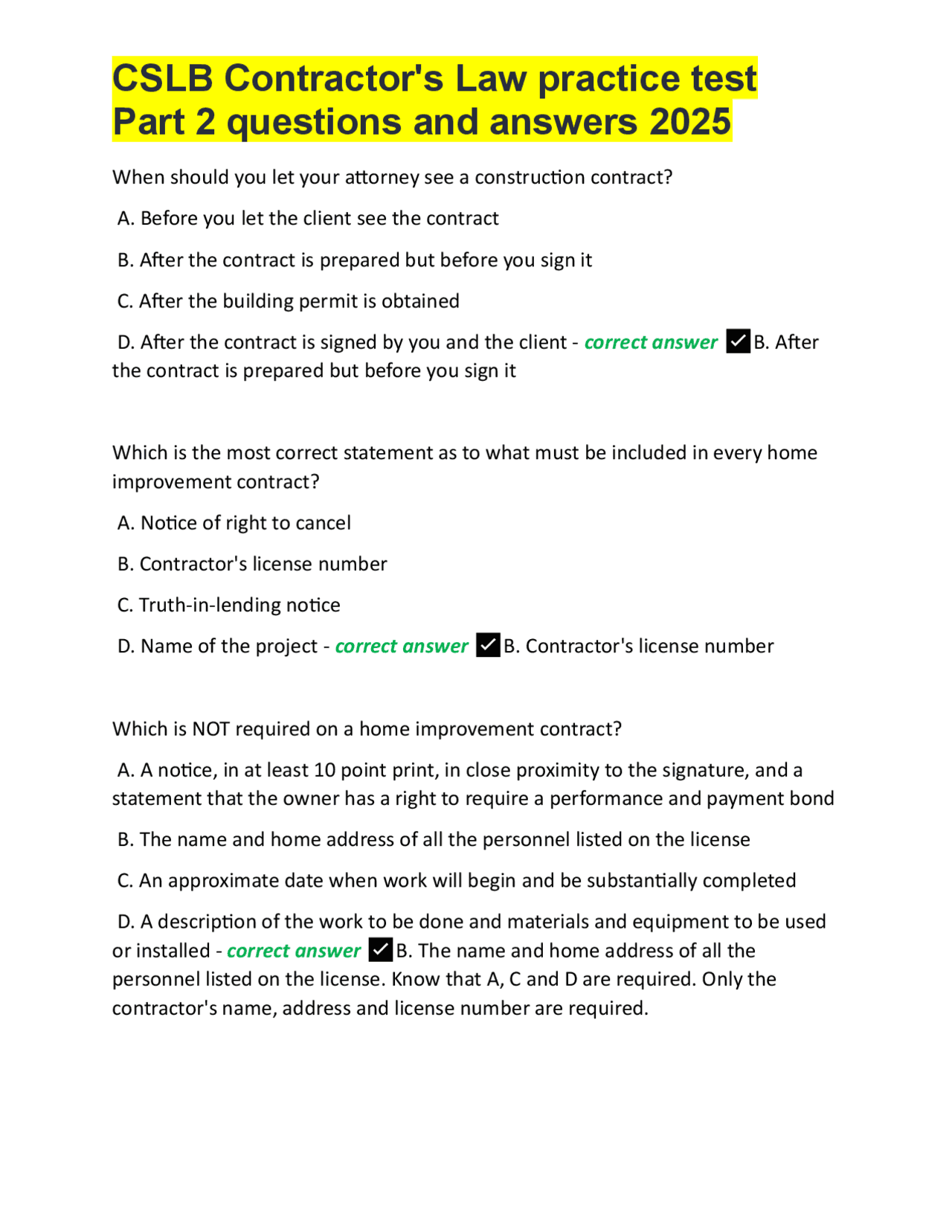Contractor's Law Practice Test: Questions and Answers for 2025 | Exams ...