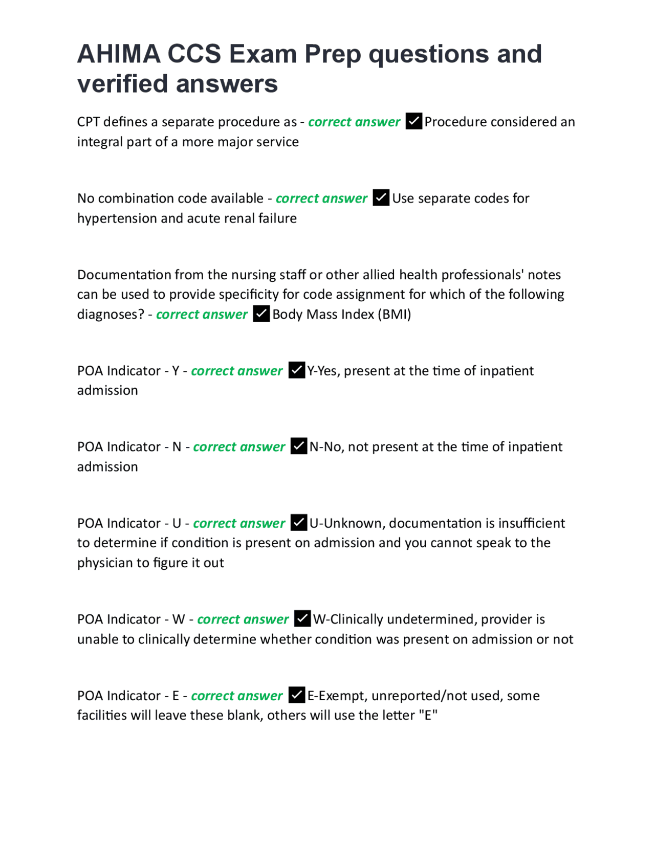 Ahima Ccs Exam Prep Questions And Answers For Healthcare Coding