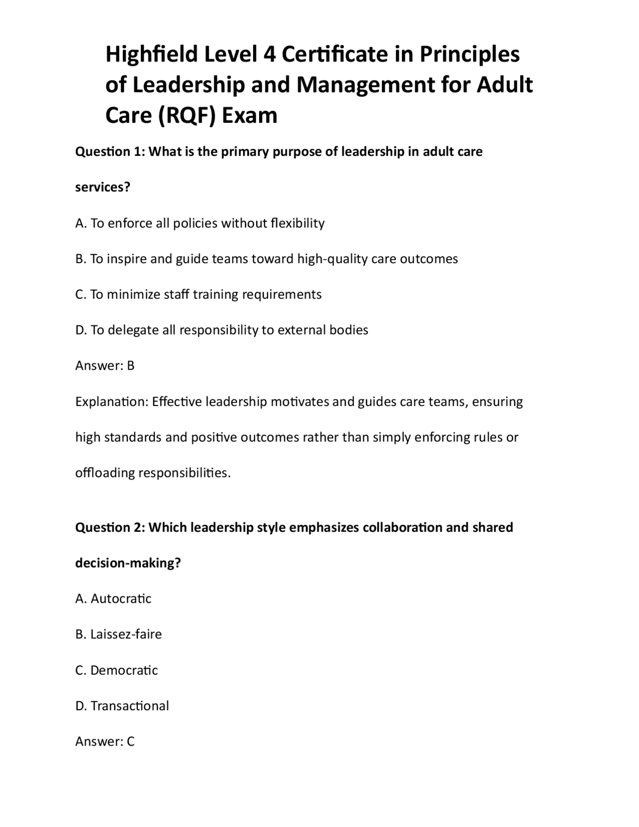 Highfield Level 4 Leadership & Management Exam Questions and Answers ...