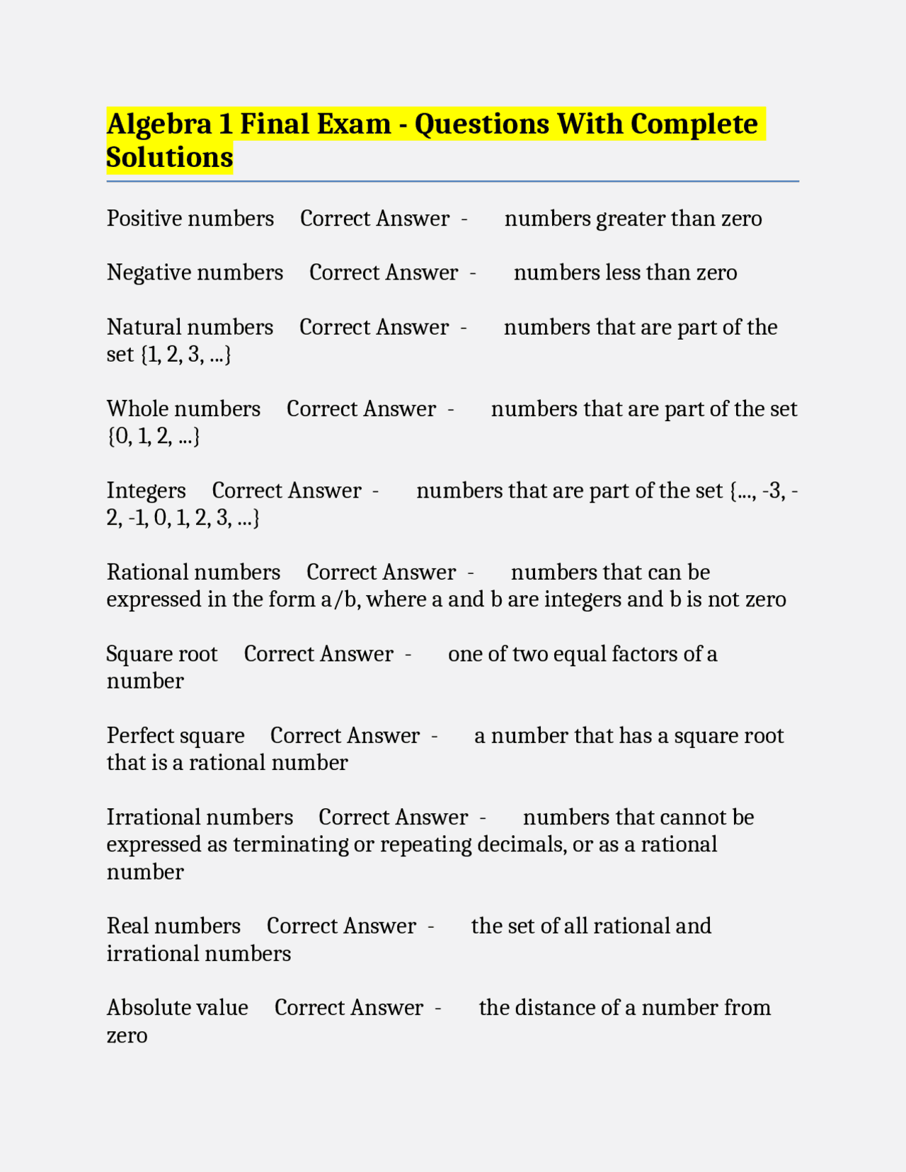 Algebra 1 Final Exam - Questions With Complete Solutions | Exams ...