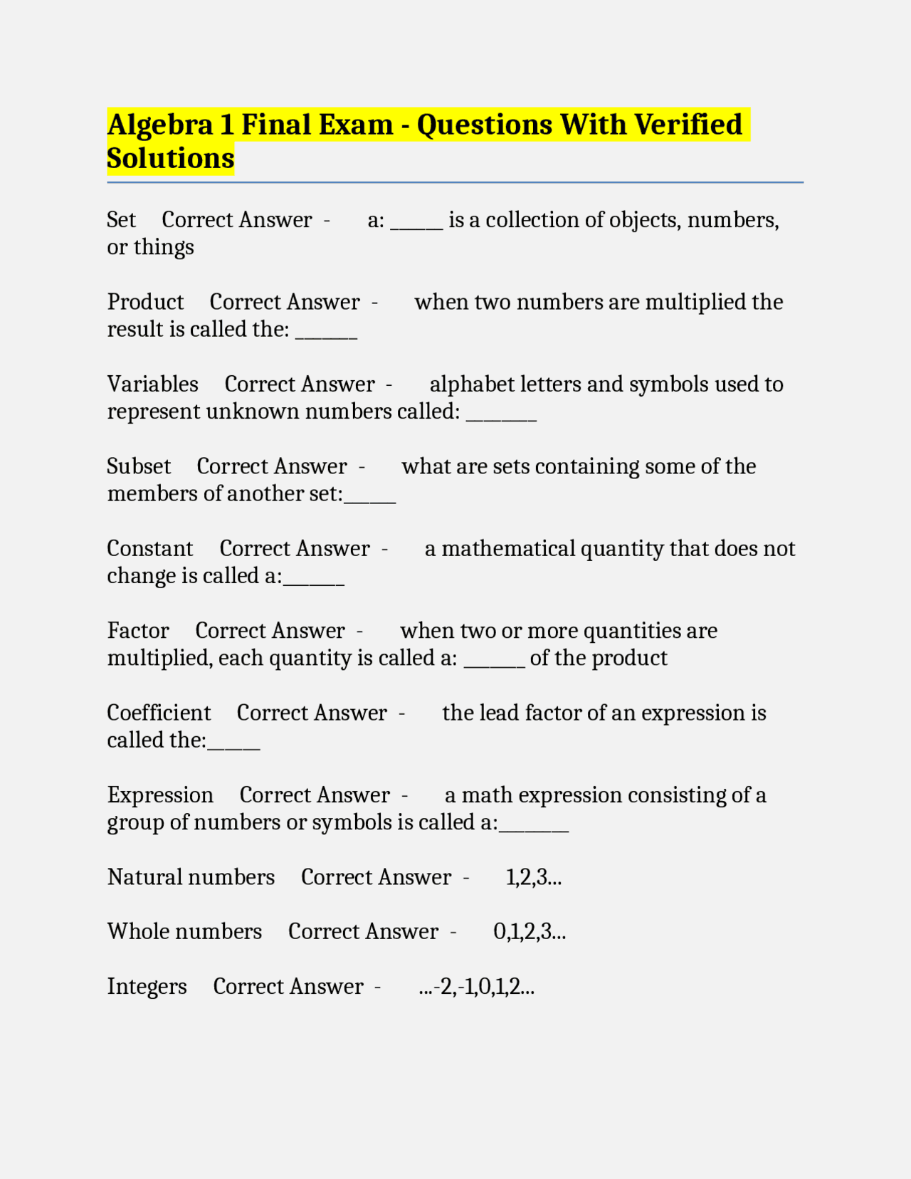 Algebra 1 Final Exam - Questions With Verified Solutions | Exams ...