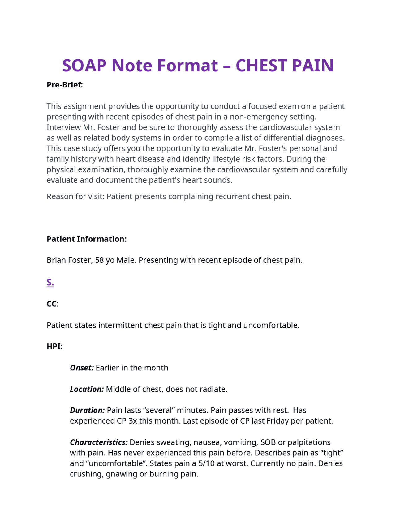 SOAP Note Case Study: Recurrent Chest Pain in a 58-Year-Old Male ...