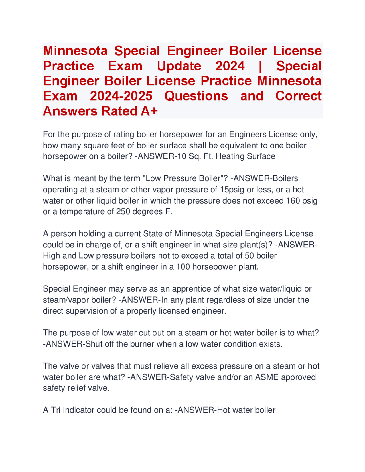 Minnesota Special Engineer Boiler License Practice Exam Update 2024 ...