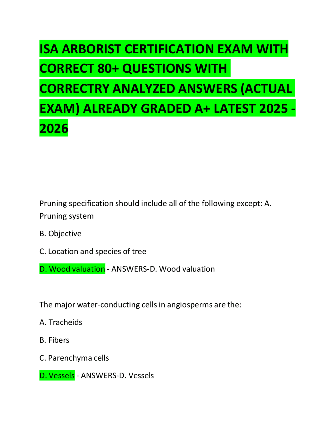 ISA ARBORIST CERTIFICATION EXAM WITH CORRECT 80+ QUESTIONS WITH ...