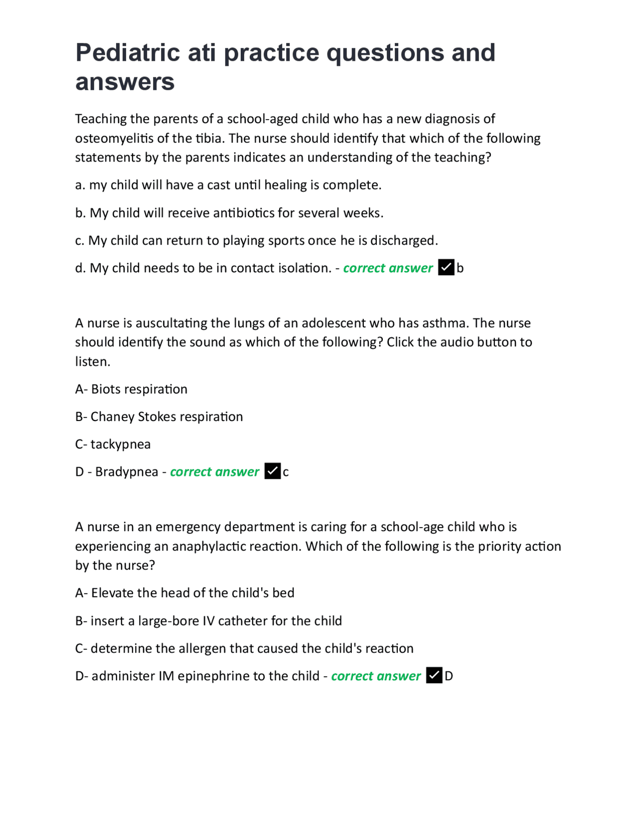Pediatric Nursing Practice Questions and Answers | Exams Nursing | Docsity