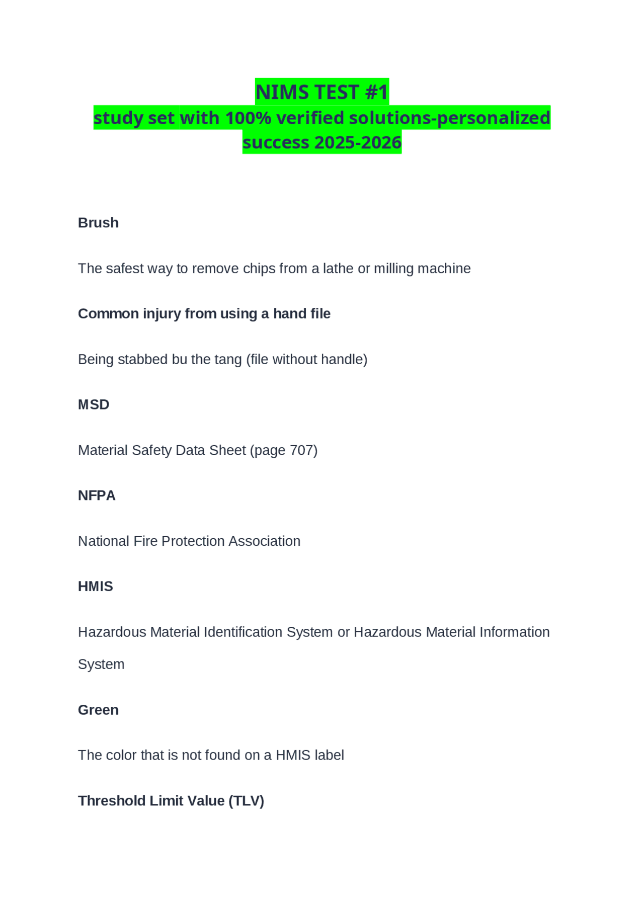 NIMS TEST #1 study set with 100% verified solutions-personalized ...