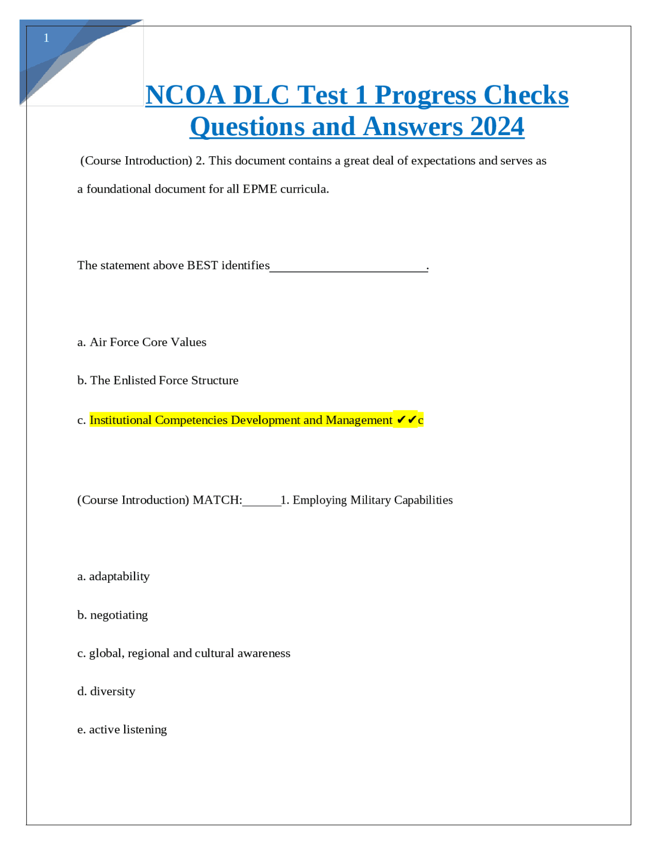 NCOA DLC Test 1 Progress Checks: Questions and Answers 2024 | Exams ...