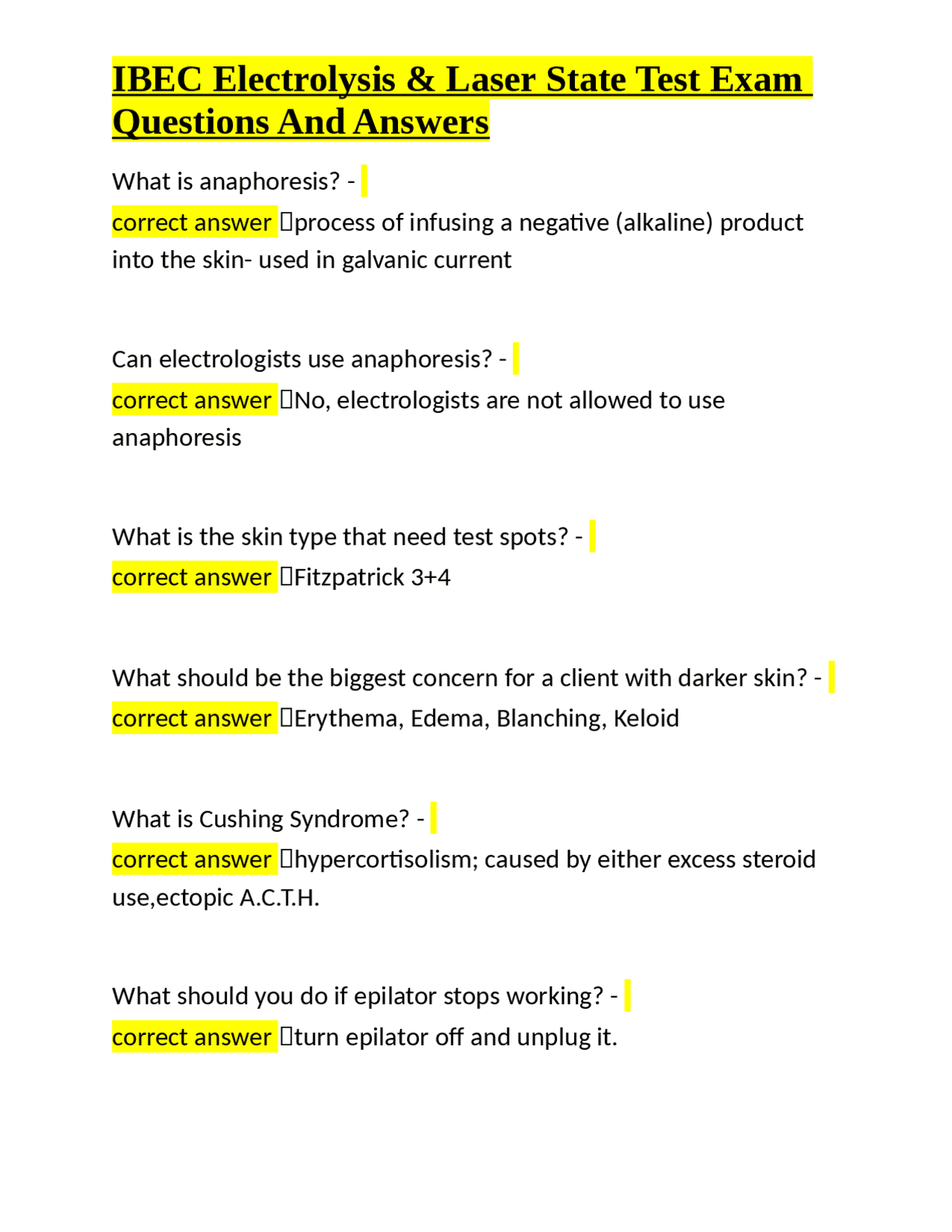 IBEC Electrolysis & Laser State Test Exam: Questions and Answers ...