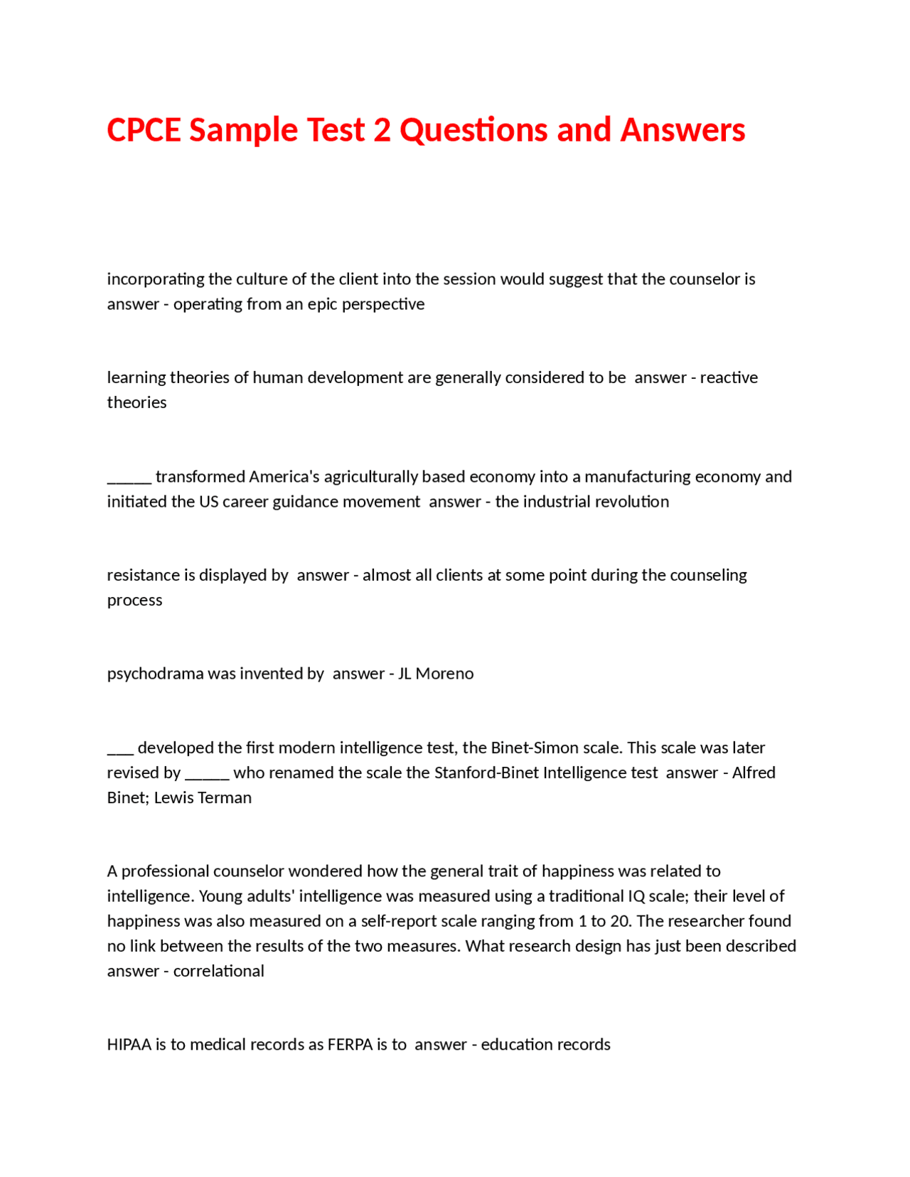CPCE Sample Test 2 Questions and Answers | Exams Nursing | Docsity