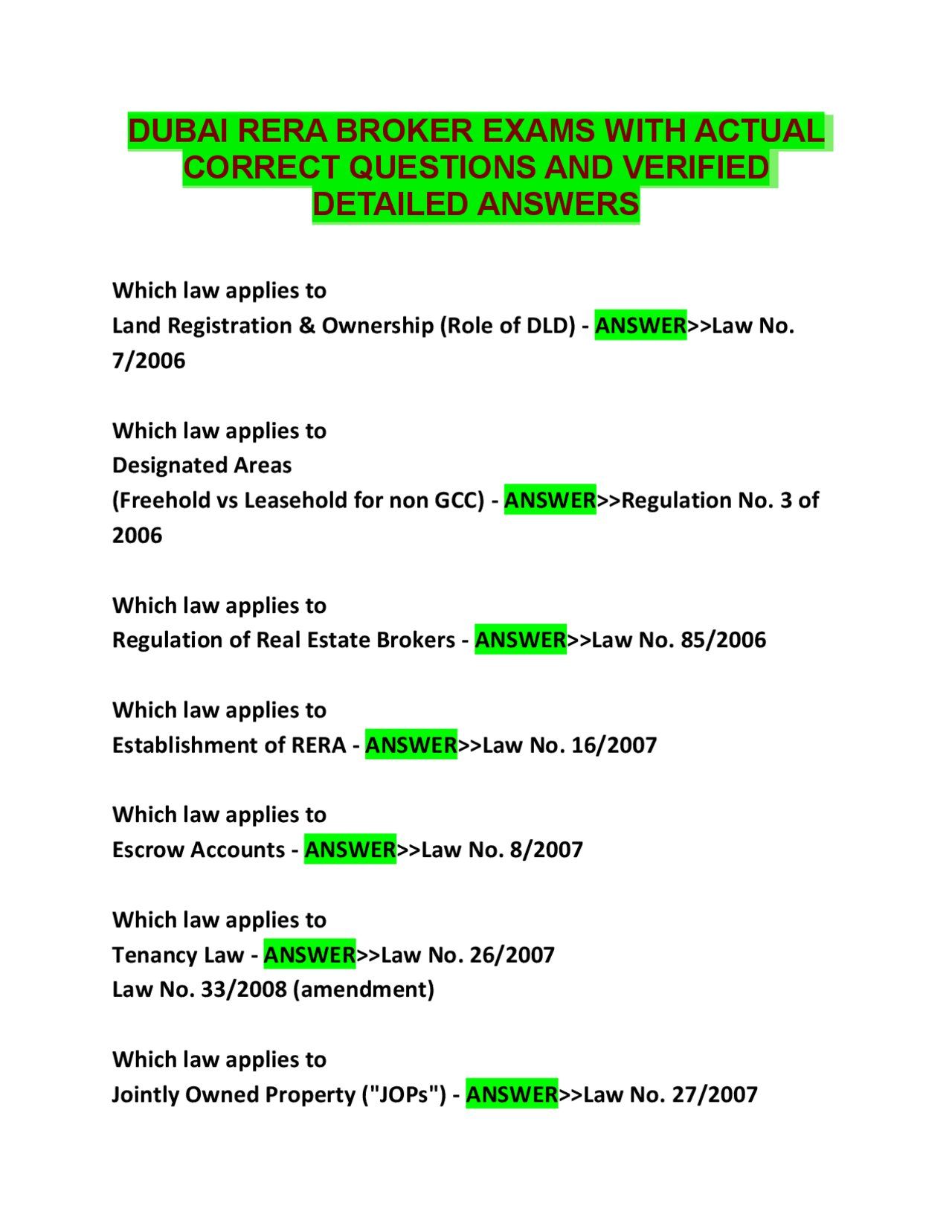 DUBAI RERA BROKER EXAMS WITH ACTUAL CORRECT QUESTIONS AND VERIFIED ...