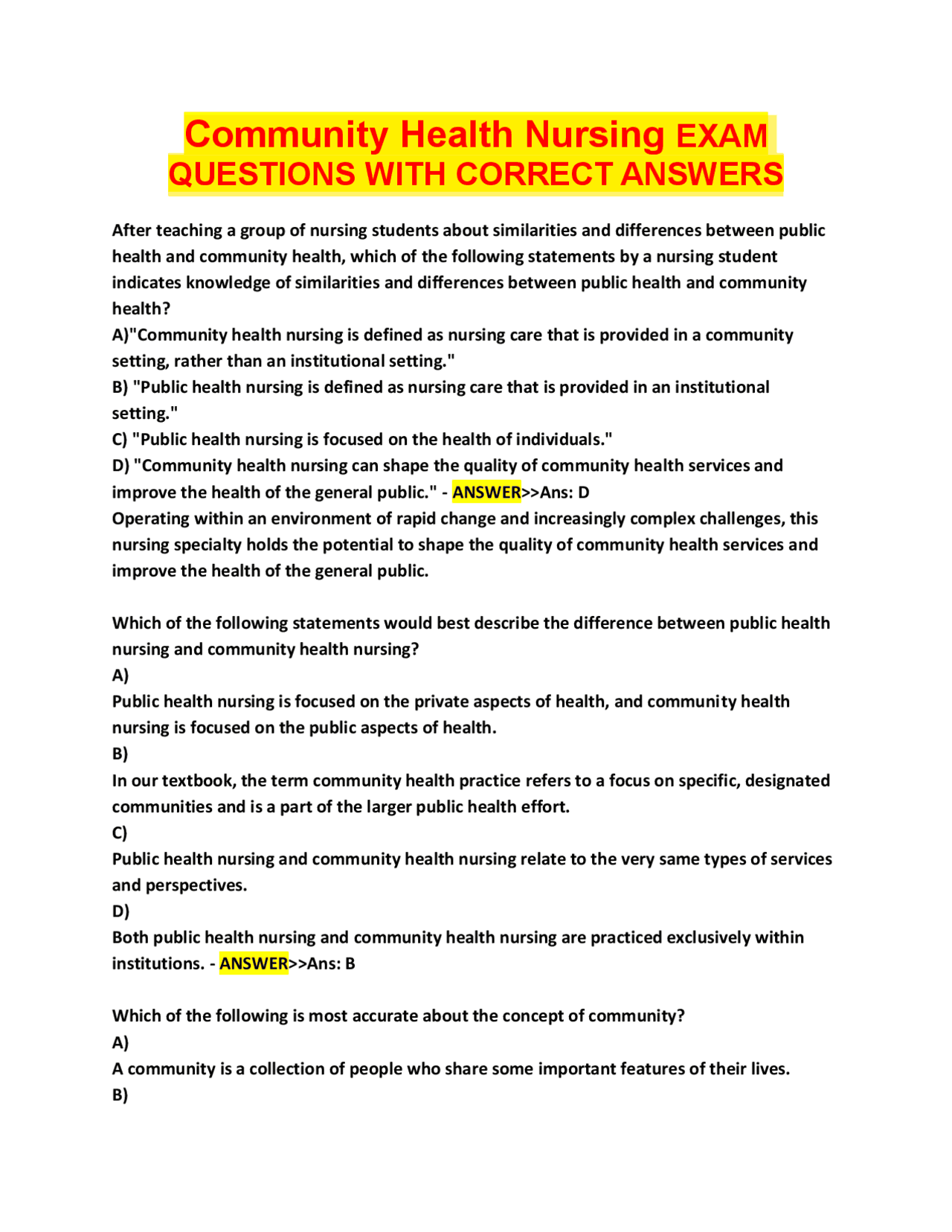 Community Health Nursing EXAM QUESTIONS WITH CORRECT ANSWERS. | Exams ...