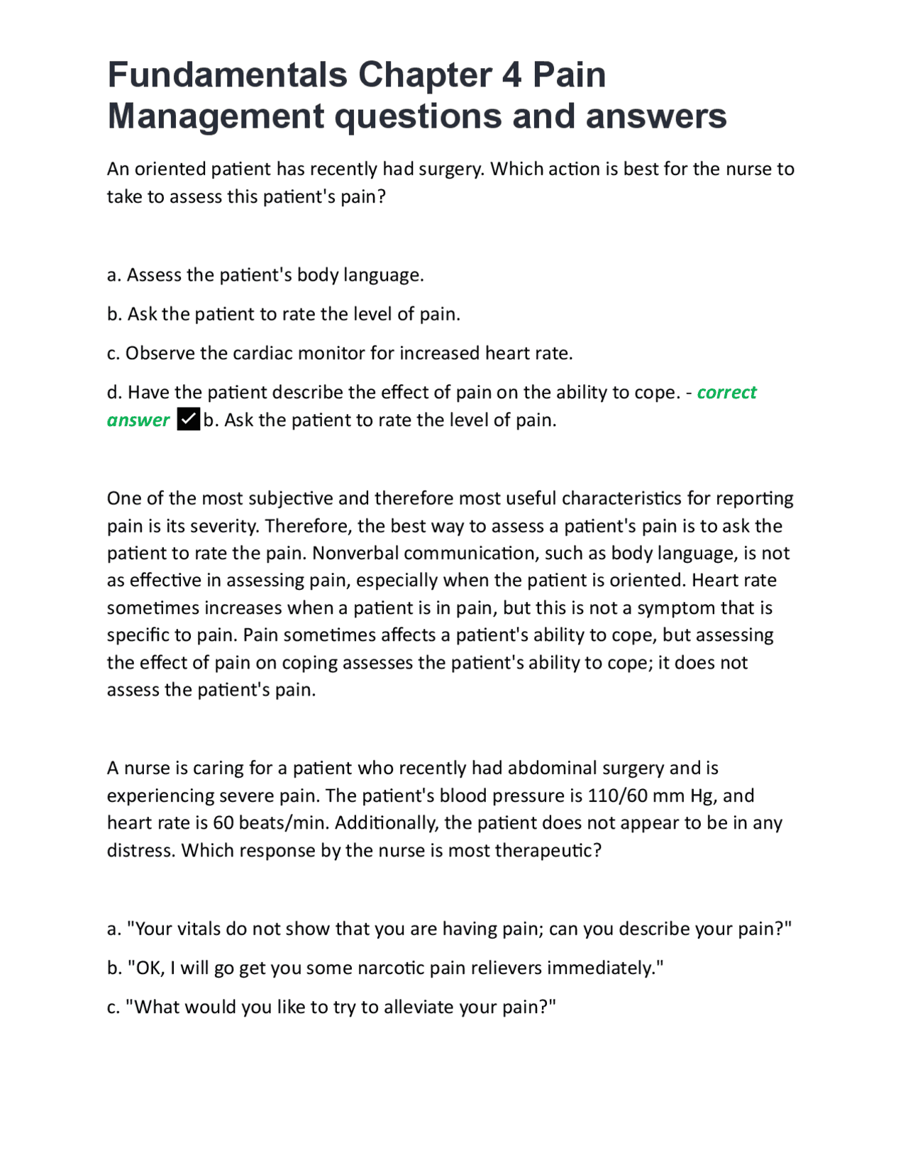Fundamentals Chapter 4 Pain Management questions and answers | Exams ...